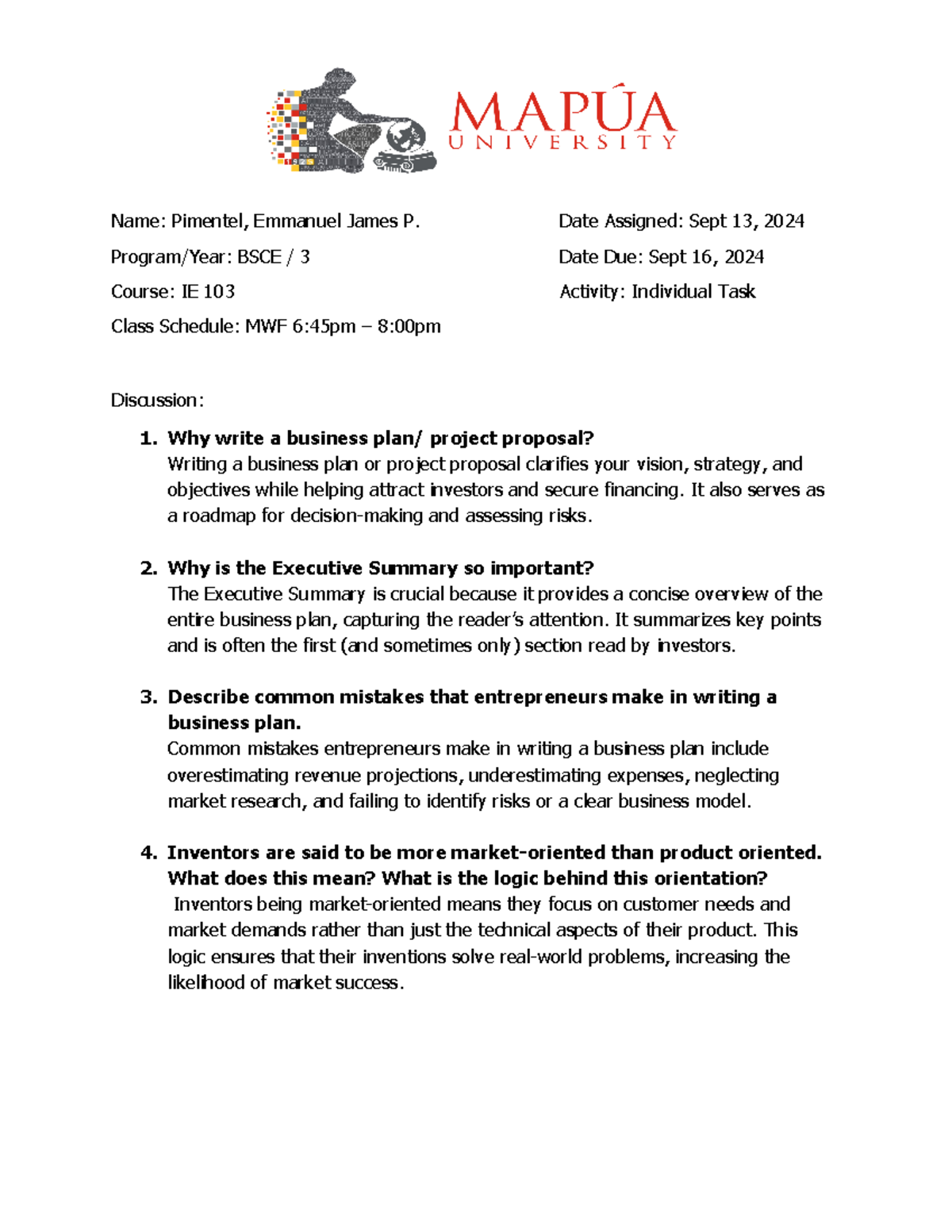 Assignment 2 Pimentel - Name: Pimentel, Emmanuel James P. Date Assigned ...