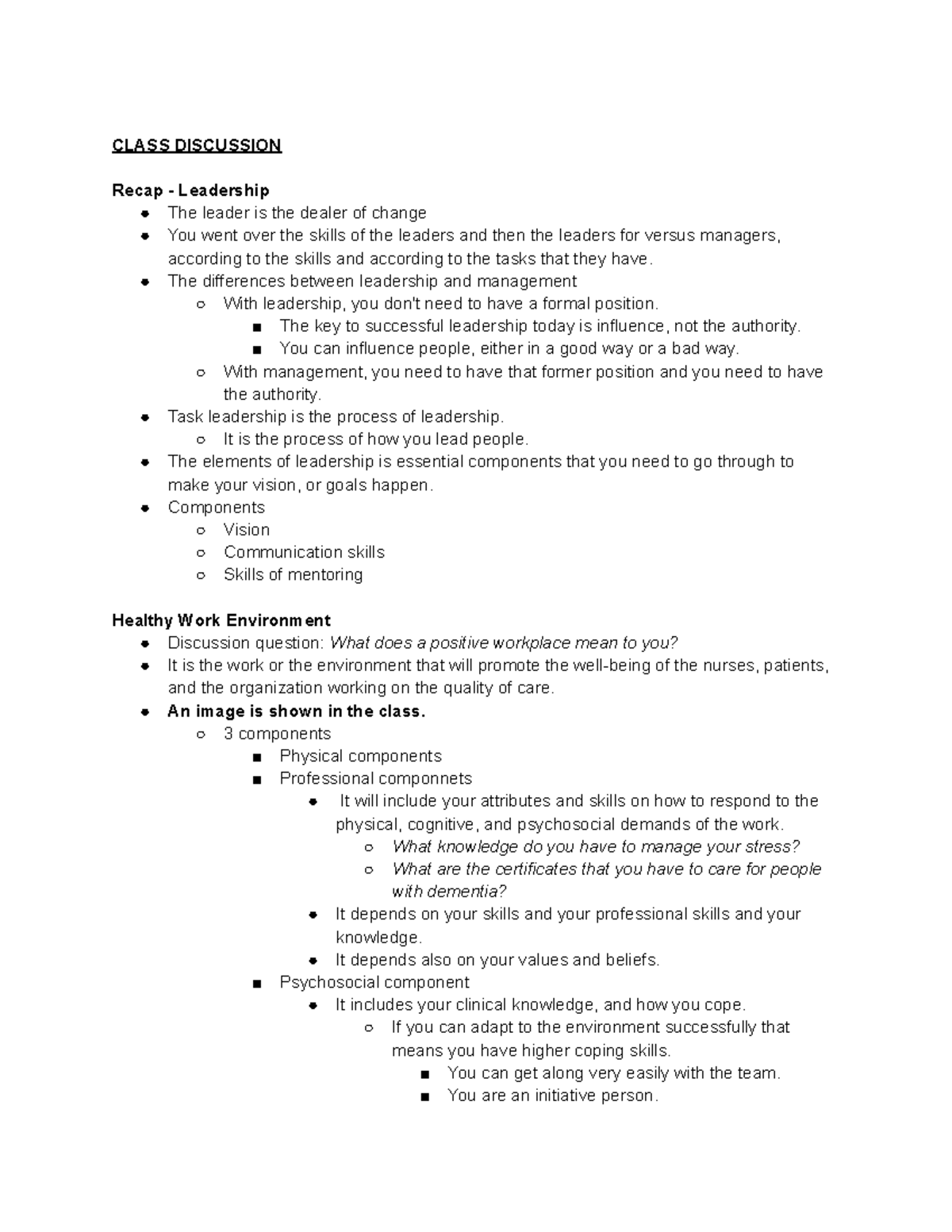 Week 2 NURS 3004H - Week 2 - CLASS DISCUSSION Recap - Leadership The ...