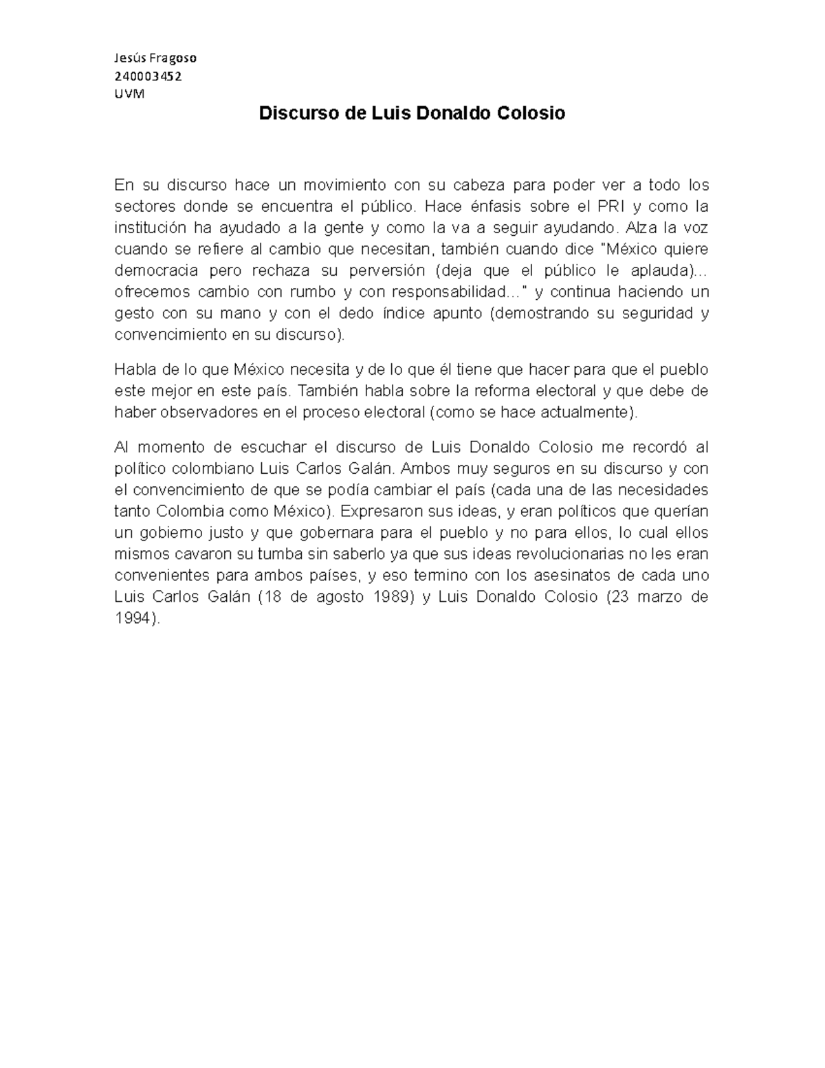 Discurso de Luis Donaldo Colosio - Jesús Fragoso 240003452 UVM Discurso ...