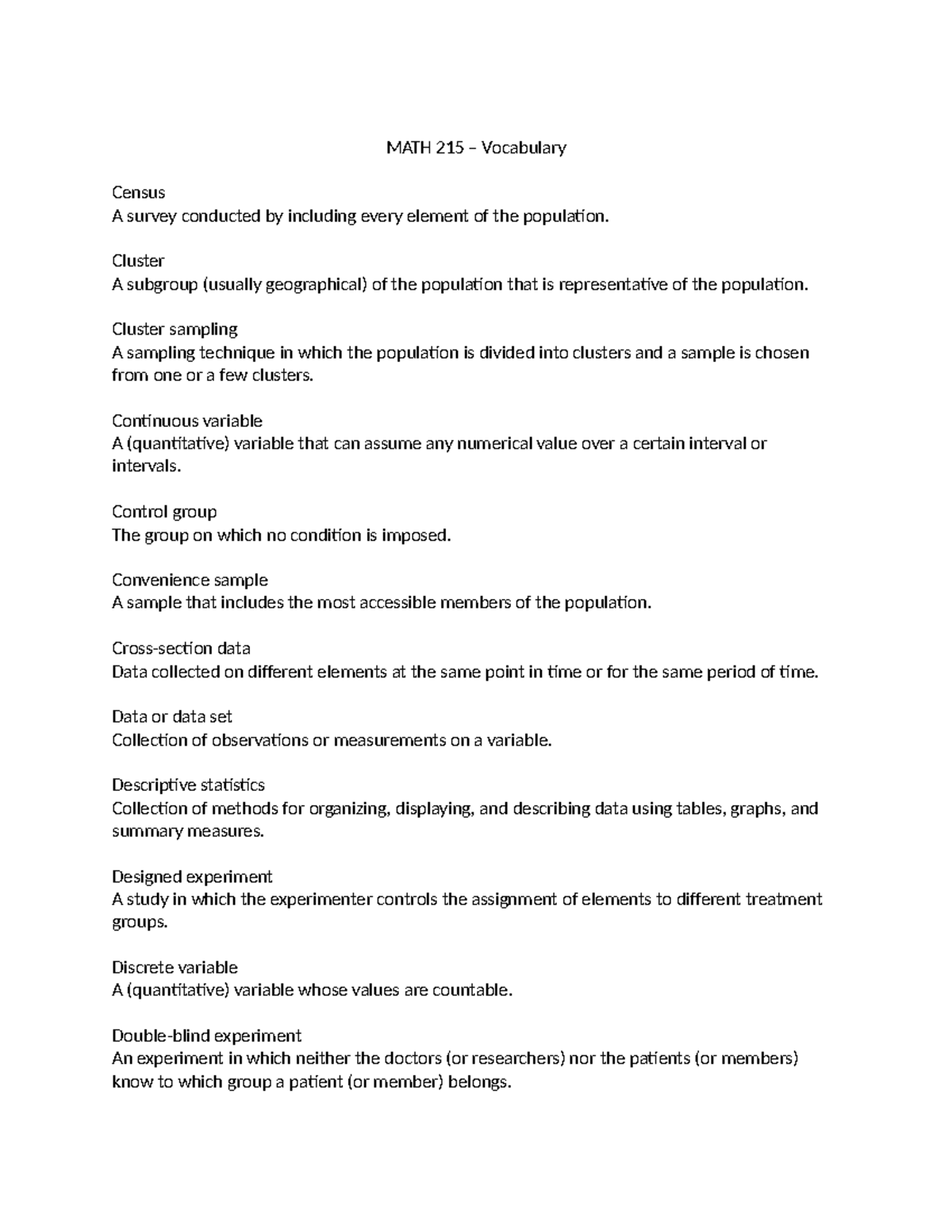 MATH 215 - Definitions - MATH 215 – Vocabulary Census A survey ...