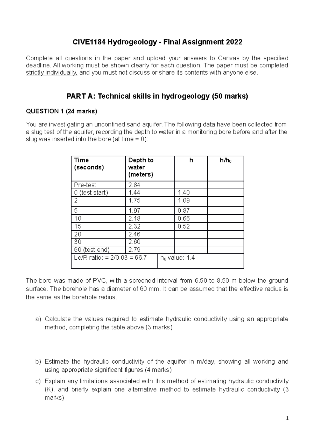 CIVE1184 Hydrogeology - Final Assignment 22-1 - Copy - CIVE1184 ...