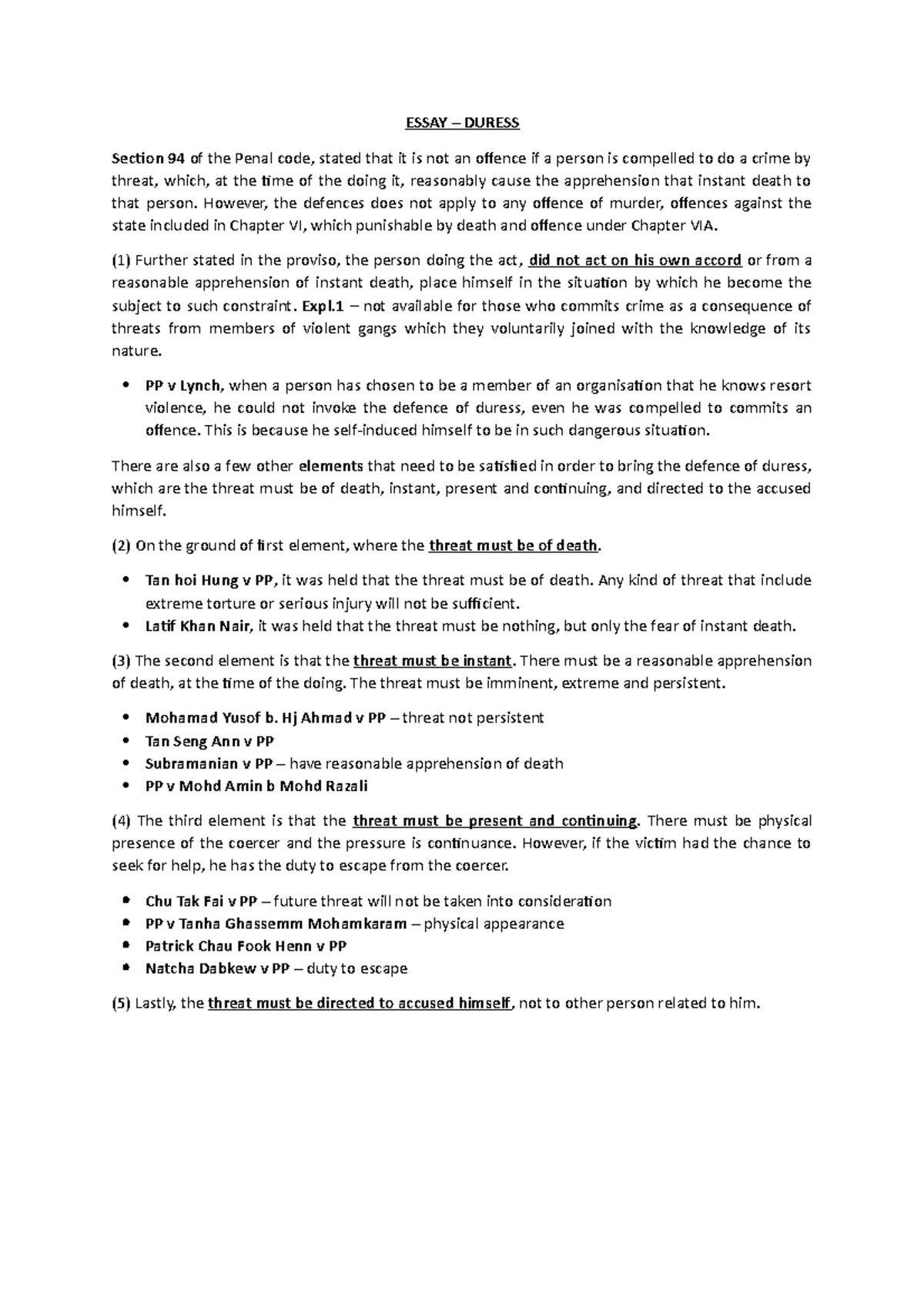 Duress - ESSAY – DURESS Section 94 of the Penal code, stated that it is ...