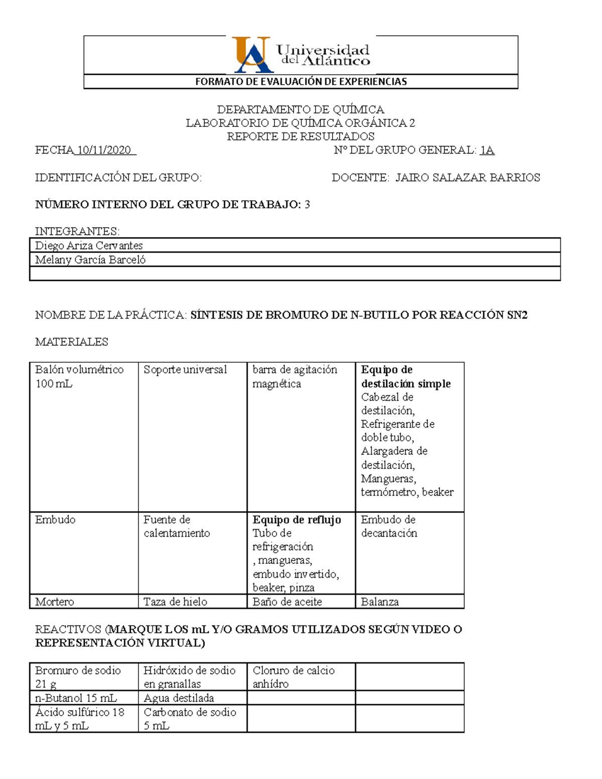 Inf 1.síntesis de bromuro de n- Butilo por Sn2 - FORMATO DE EVALUACIÓN ...