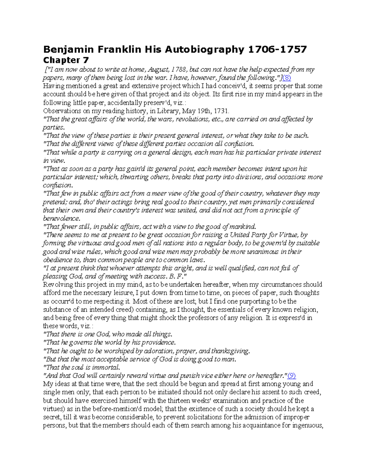 Ben Franklin ch 7 - Lecture notes ch 7 - Benjamin Franklin His ...