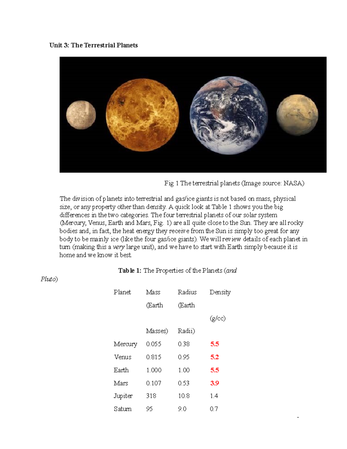 Unit 3 - Lecture notes unit 3 - Unit 3: The Terrestrial Planets Fig 1 ...
