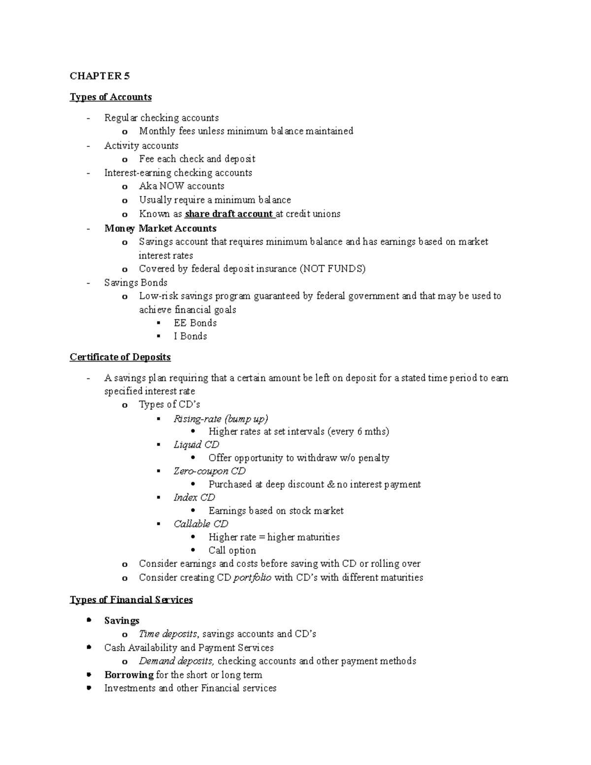 Test 2 Notes - CHAPTER 5 Types of Accounts - Regular checking accounts ...