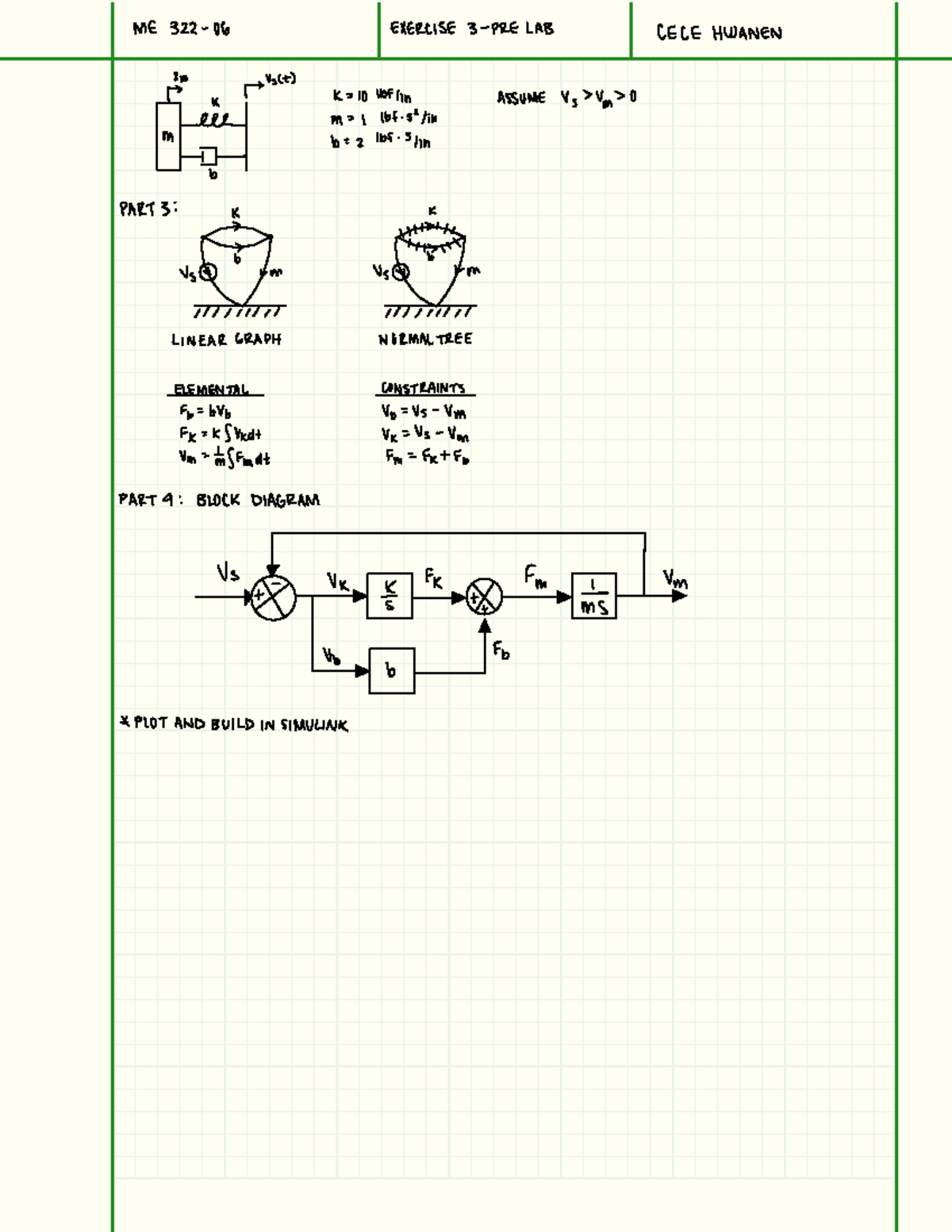 Exercise 3 - Pre lab - ME 322 - ME 322 06 EXERCISE 3 PRELAB CECE HUANEN ASSUME Vs Vm O we 5 PART ...