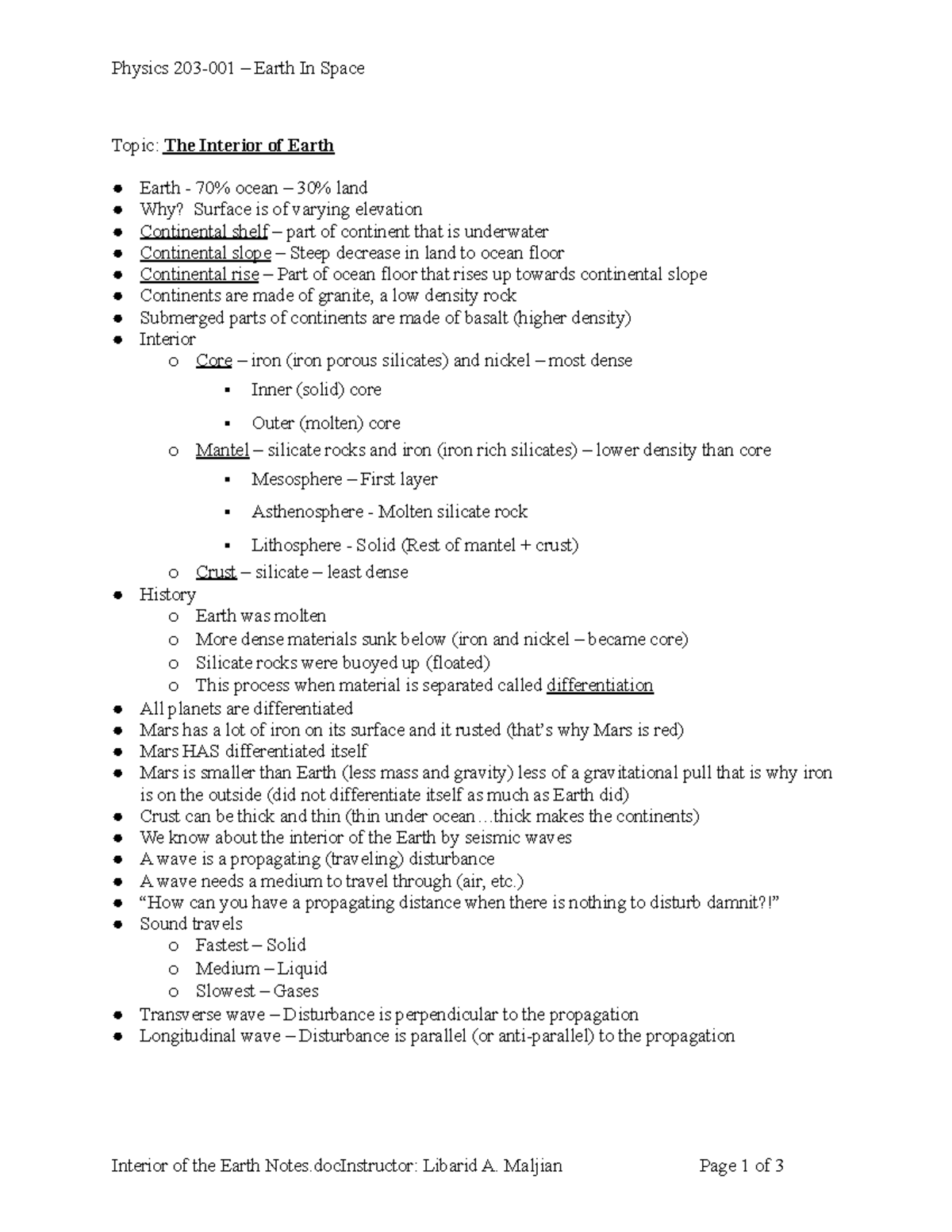 earth in space lecture notes 3 - Physics 203-001 – Earth In Space Topic ...