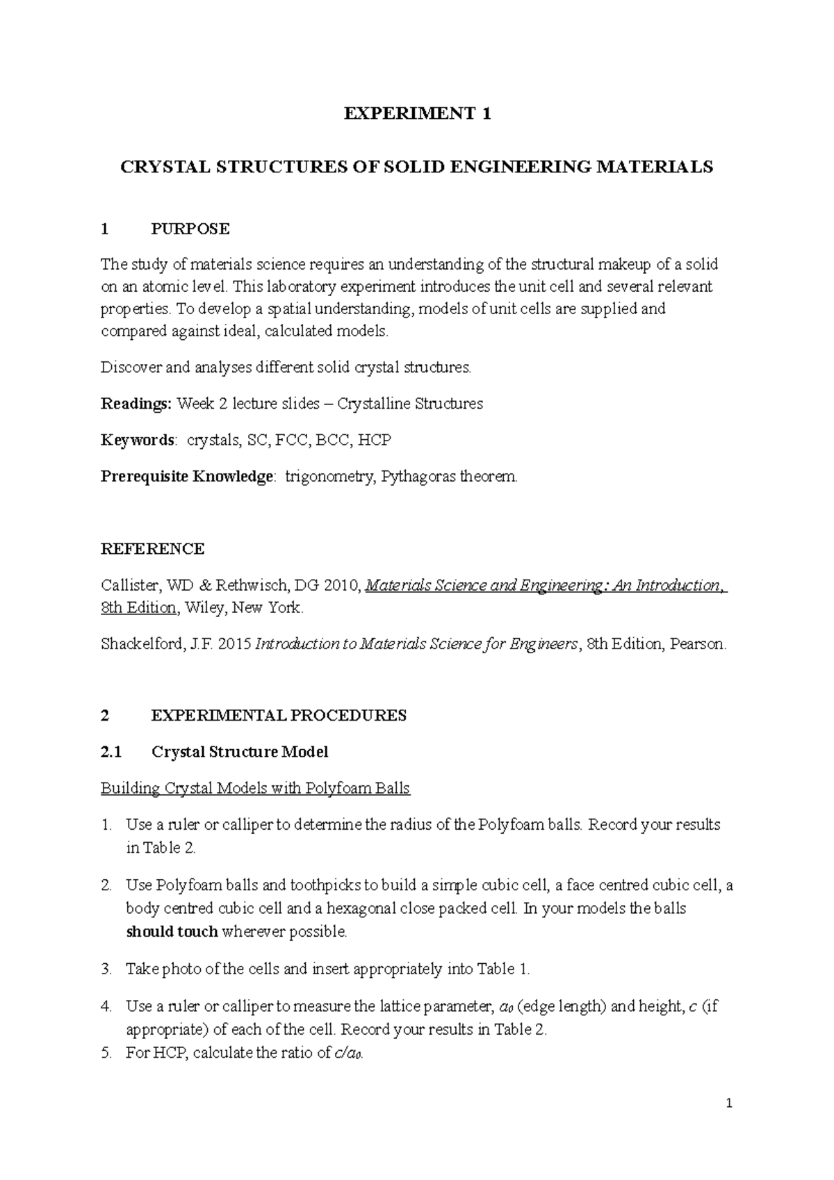 Lab 1 Crystal Structures Of Solid Engineering Materials Experiment 1 Crystal Structures Of