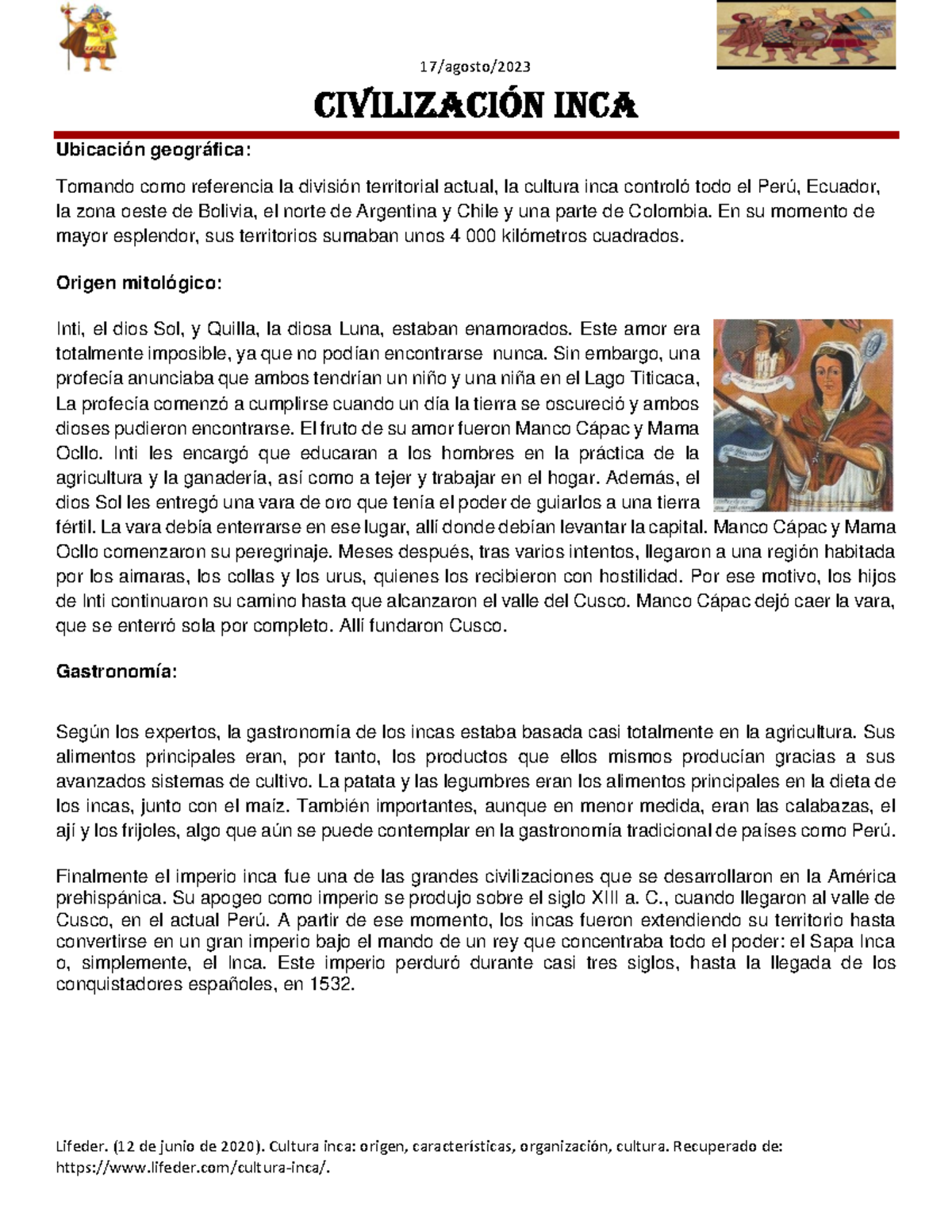 Civilización Inca pdf - resumen - 17/agosto/ Lifeder. (12 de junio de 2020). Cultura inca ...