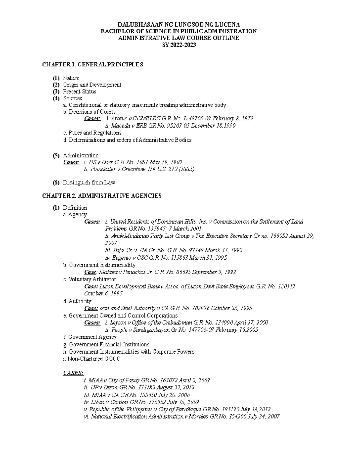 Administrative Law Course Outline 2022 chapters 1 6 - BACHELOR OF ...