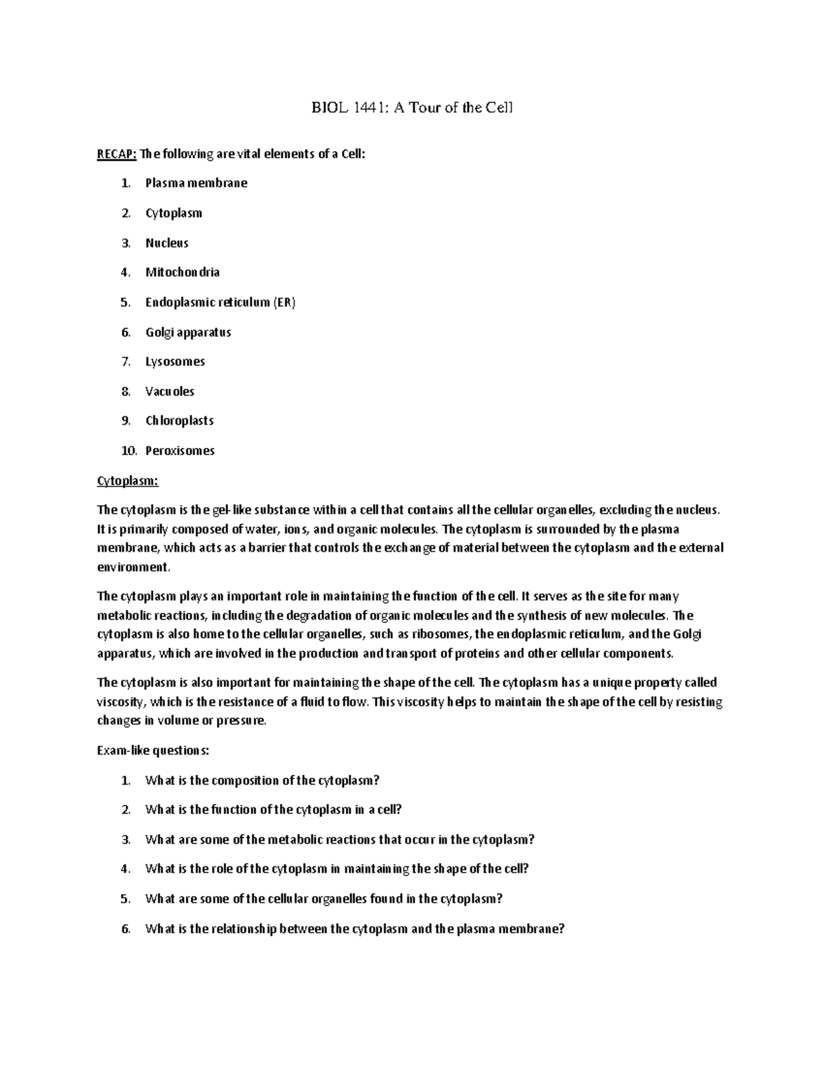 A Tour of the Cell (Cytoplasm, Nucleus, and Mitochondria) + Exam ...