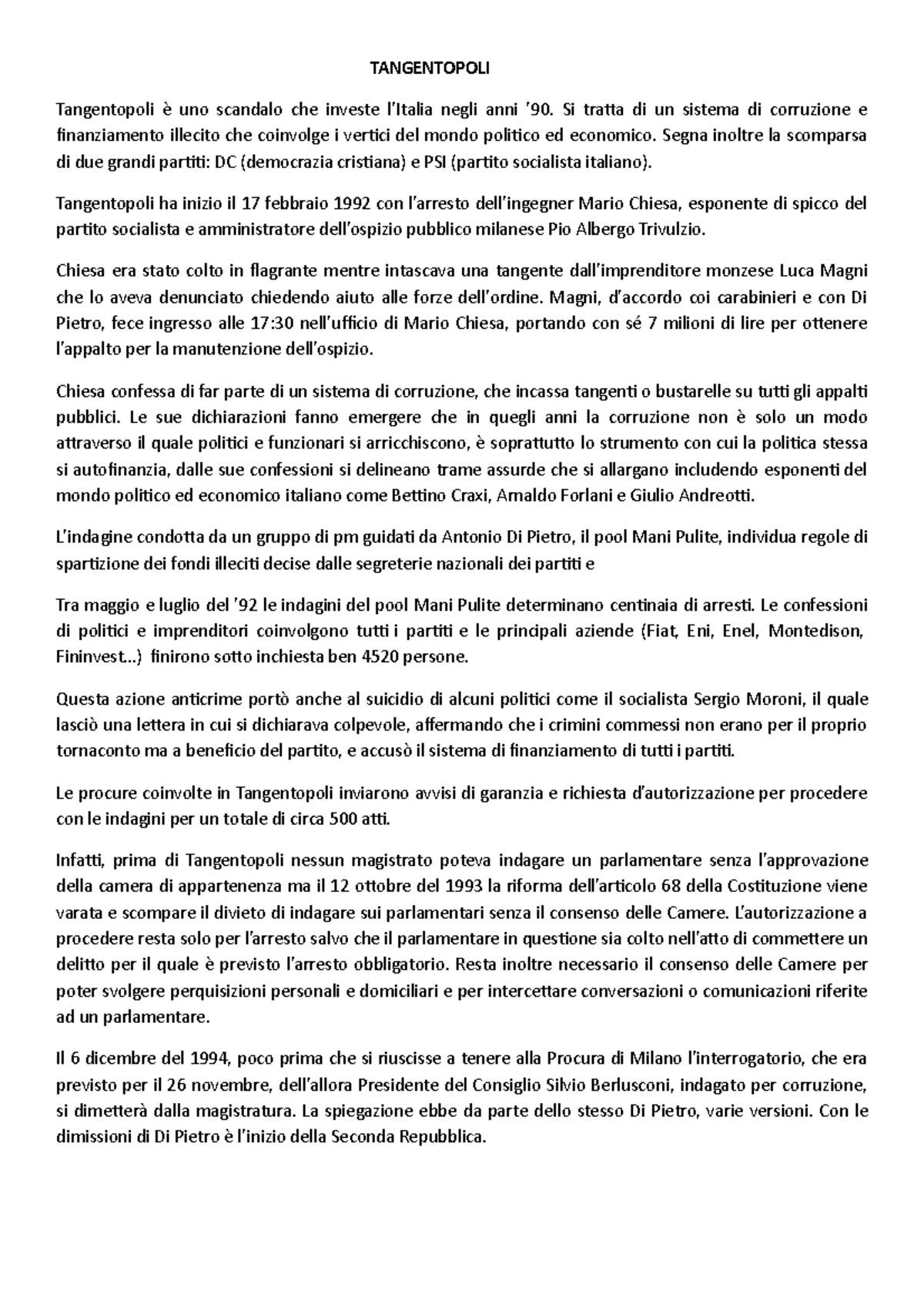Tangentopoli - TANGENTOPOLI Tangentopoli è uno scandalo che investe l ...