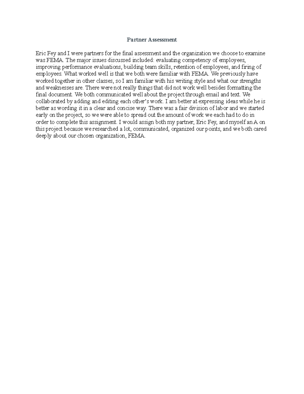 Partner Assessment - chapter notes - Partner Assessment Eric Fey and I ...