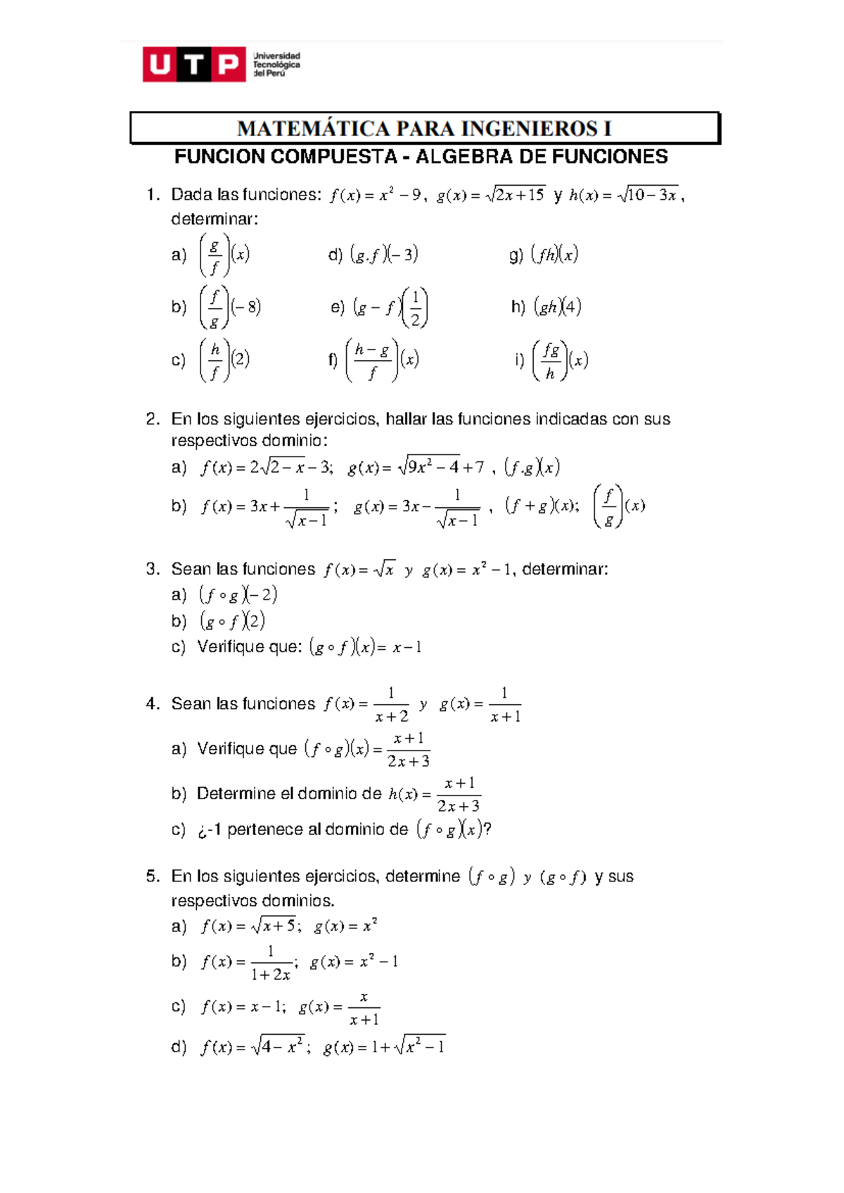 S02 s1 - Tarea de actividad academica - FUNCION COMPUESTA - ALGEBRA DE FUNCIONES Dada las ...