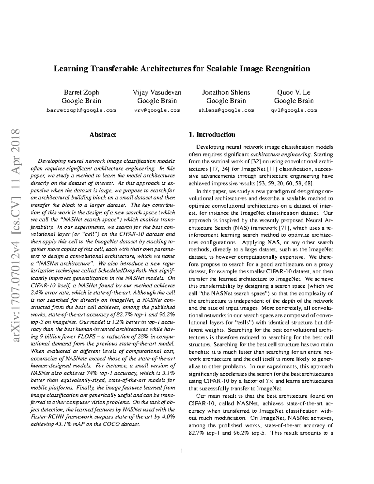 Learning Transferable Architectures for Scalable Image Recognition - Le Google Brain qvl@google ...