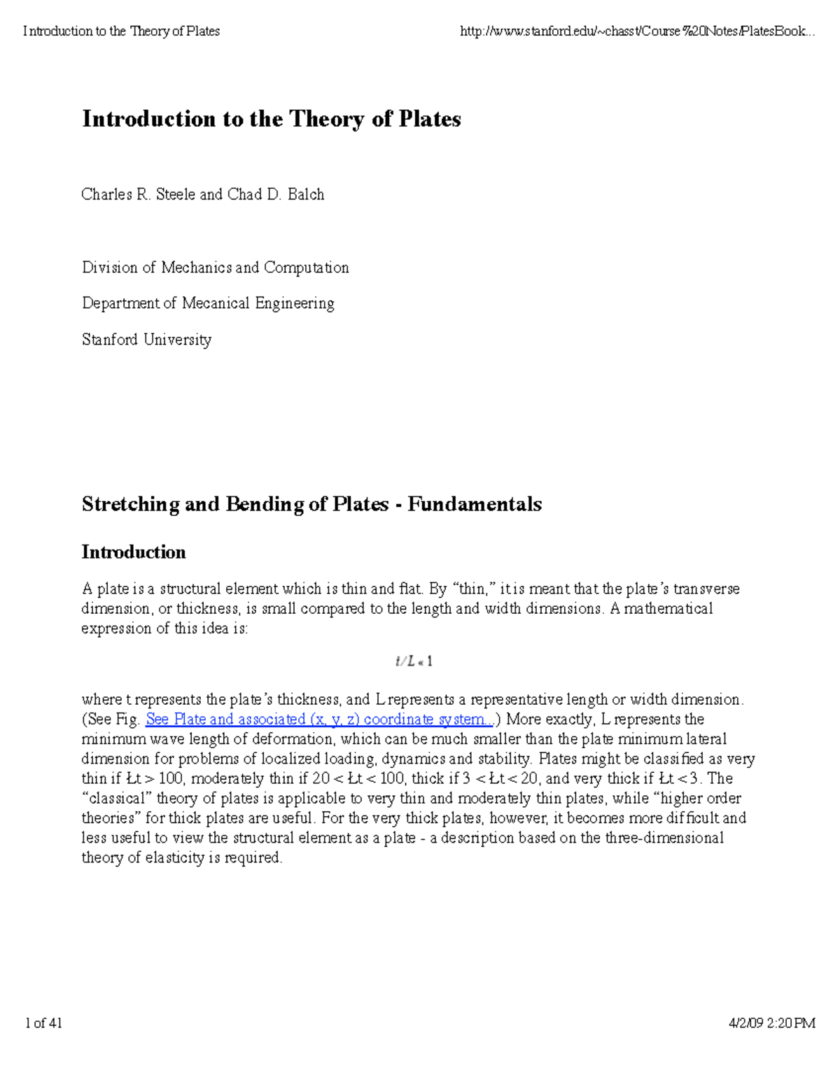 Introduction to the Theory of Plates - Introduction to the Theory of ...