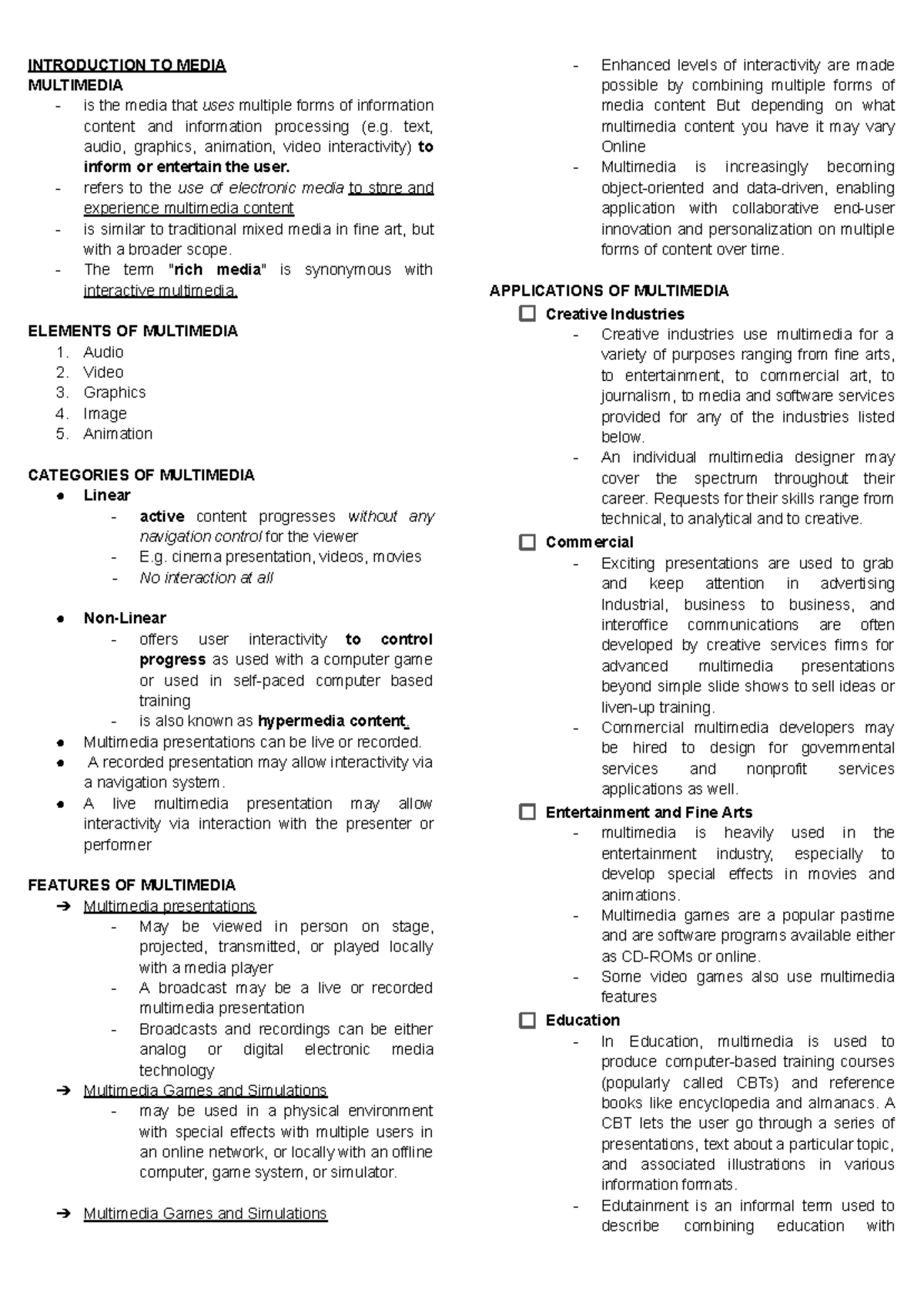 Multimedia Handouts - INTRODUCTION TO MEDIA MULTIMEDIA is the media ...