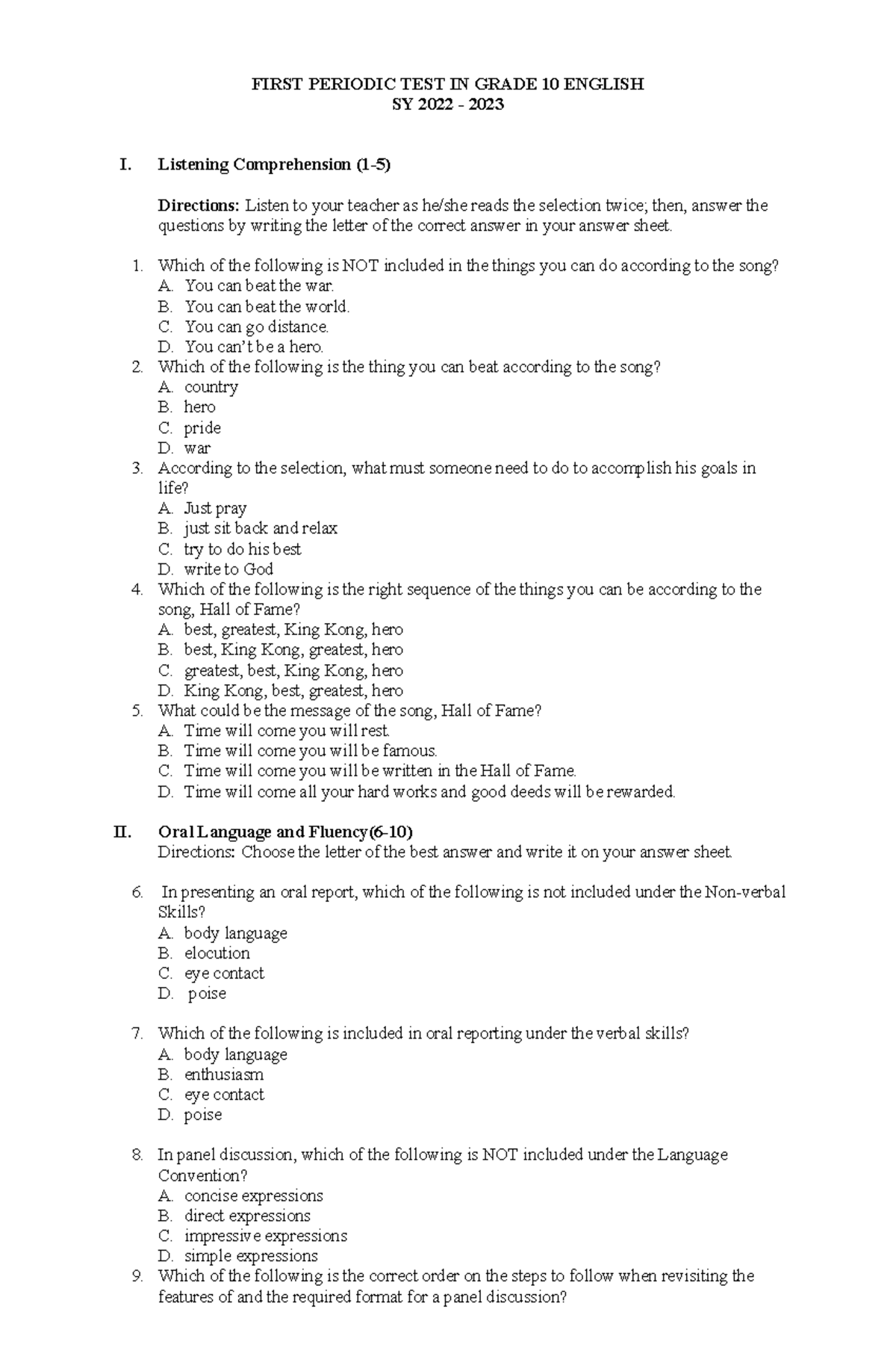 PT English 10 Q1 V2 - FIRST PERIODIC TEST IN GRADE 10 ENGLISH SY 2022 ...