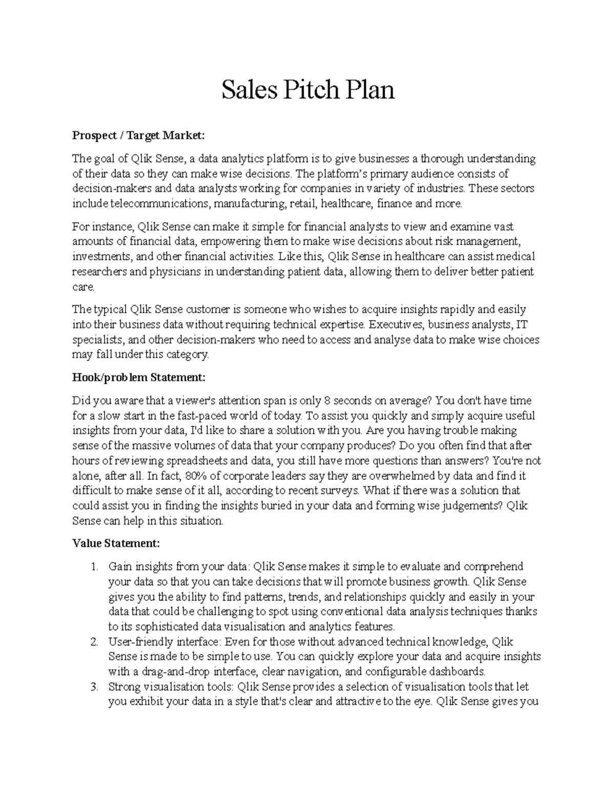 Sales Pitch Plan - Sales Pitch Plan Prospect / Target Market: The goal ...