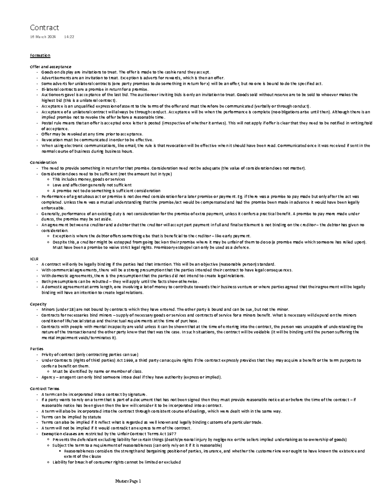 Contract - revision notes - Formation Offer and acceptance - Goods on ...