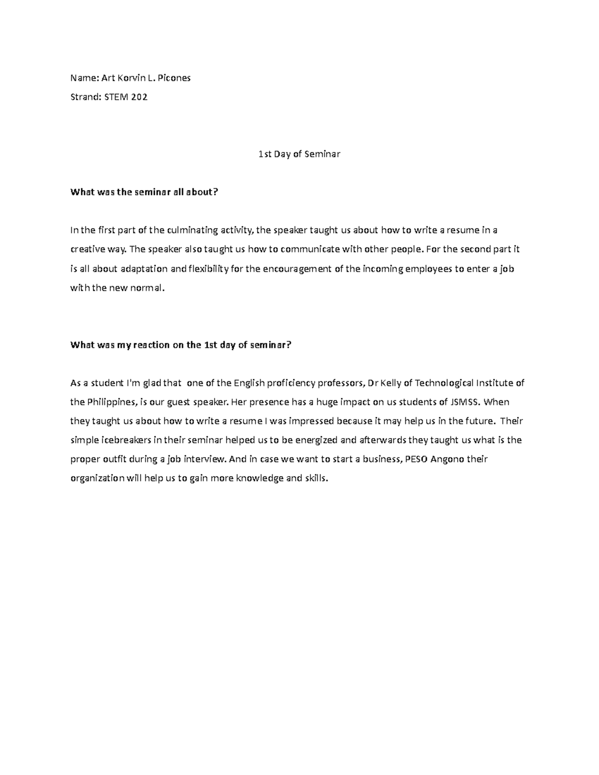 Immersion narrative essay - Name: Art Korvin L. Picones Strand: STEM ...