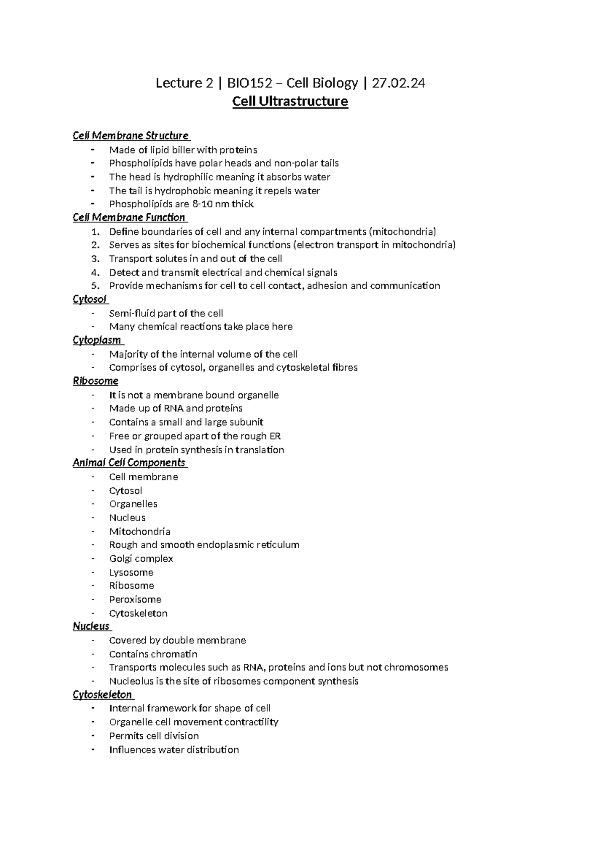 Lecture 2 - Cell Ultrastructure - Lecture 2 | BIO152 – Cell Biology ...