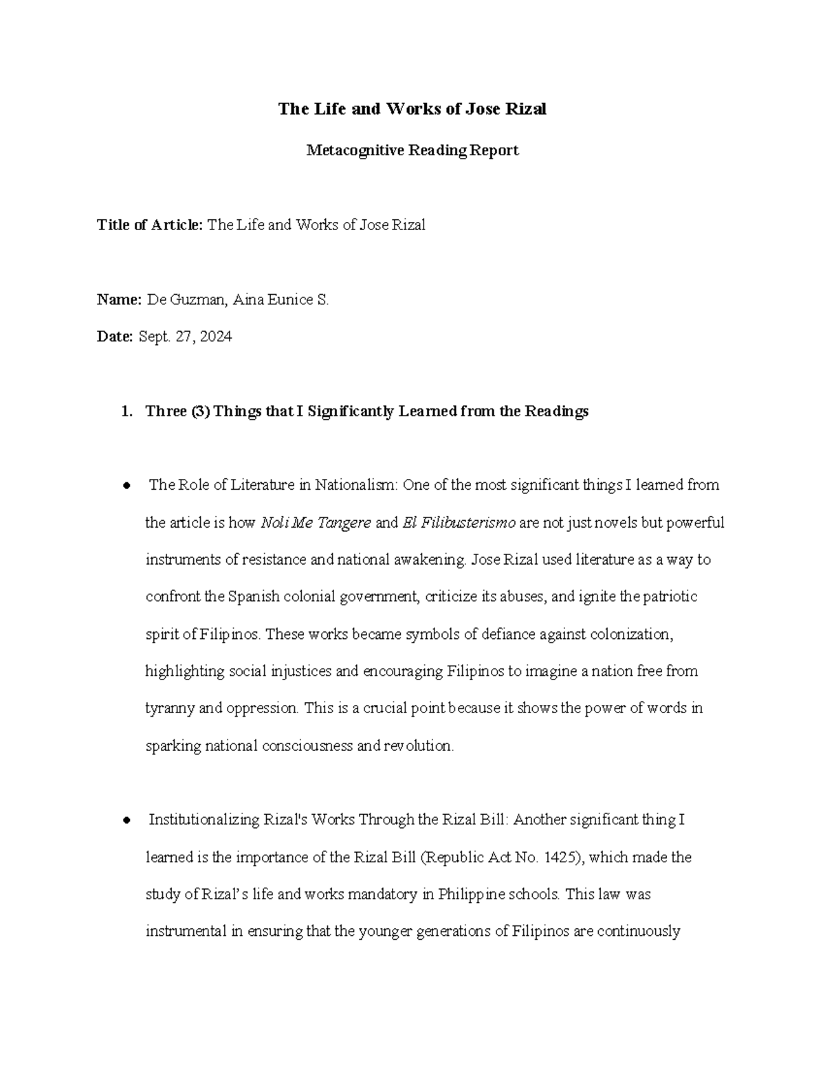 The Life and Works of Jose Rizal - Date: Sept. 27, 2024 Three (3 ...