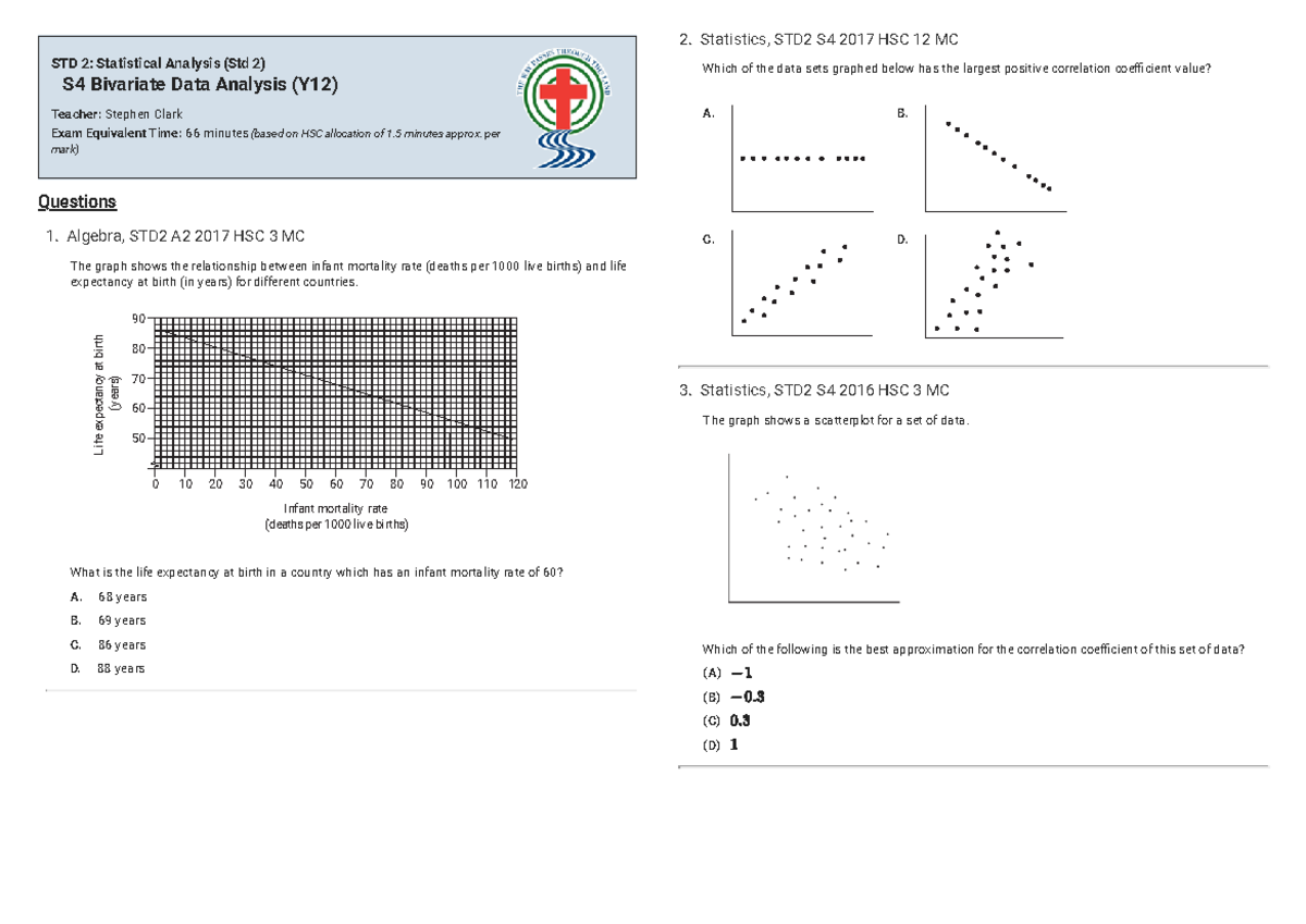 Bivariate Data Past HSC questions - 1. Algebra, STD2 A2 2017 HSC 3 MC ...
