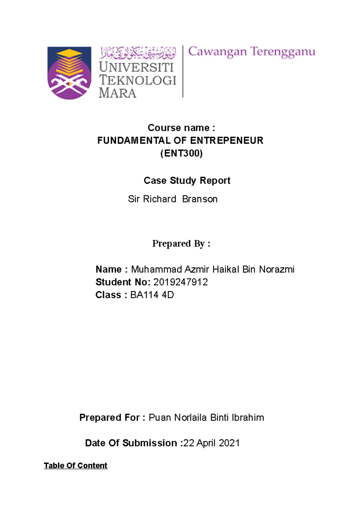 Notes for ENT Muhammad Azmir Hakim - Course name : FUNDAMENTAL OF ...