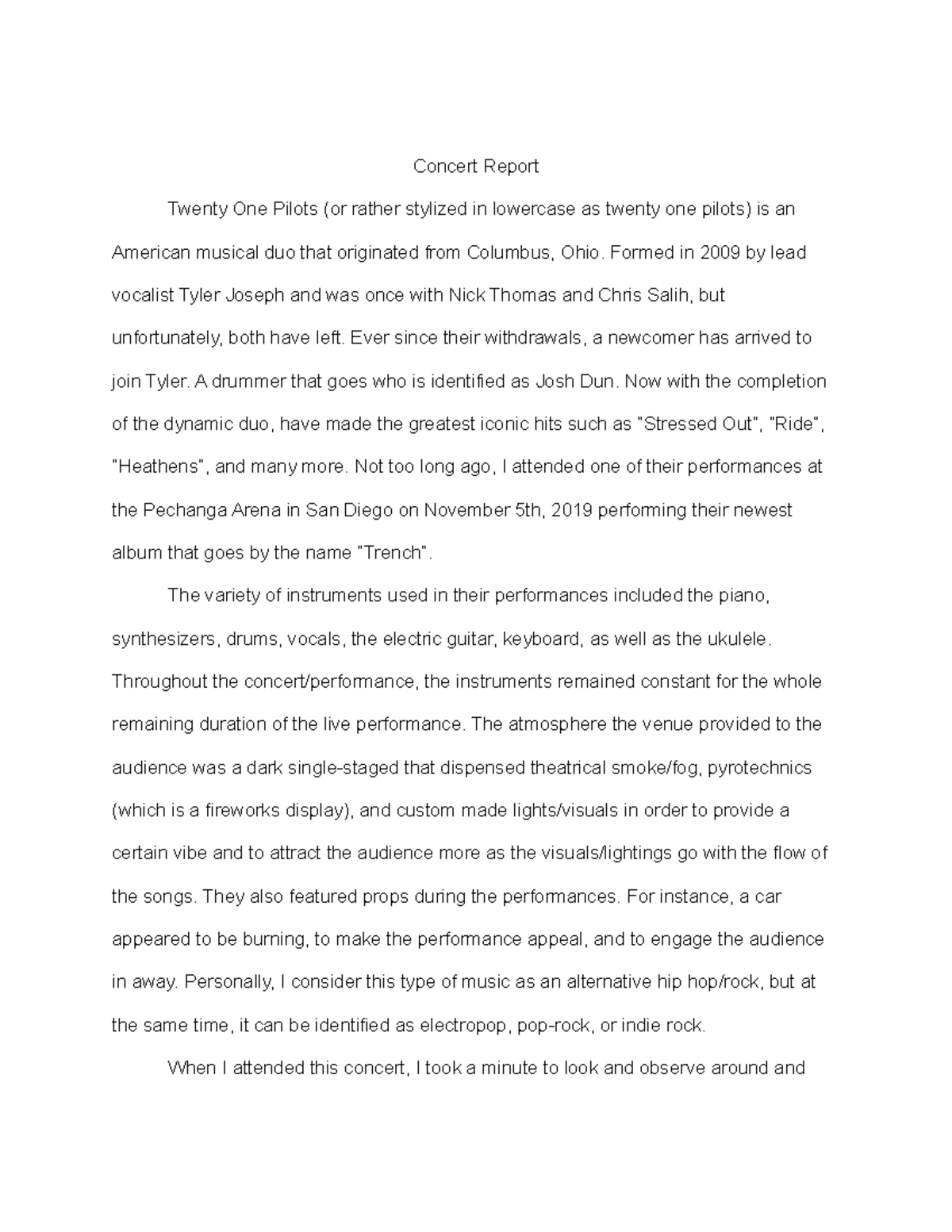 MUS 107 Concert Report - Concert Report Twenty One Pilots (or rather ...