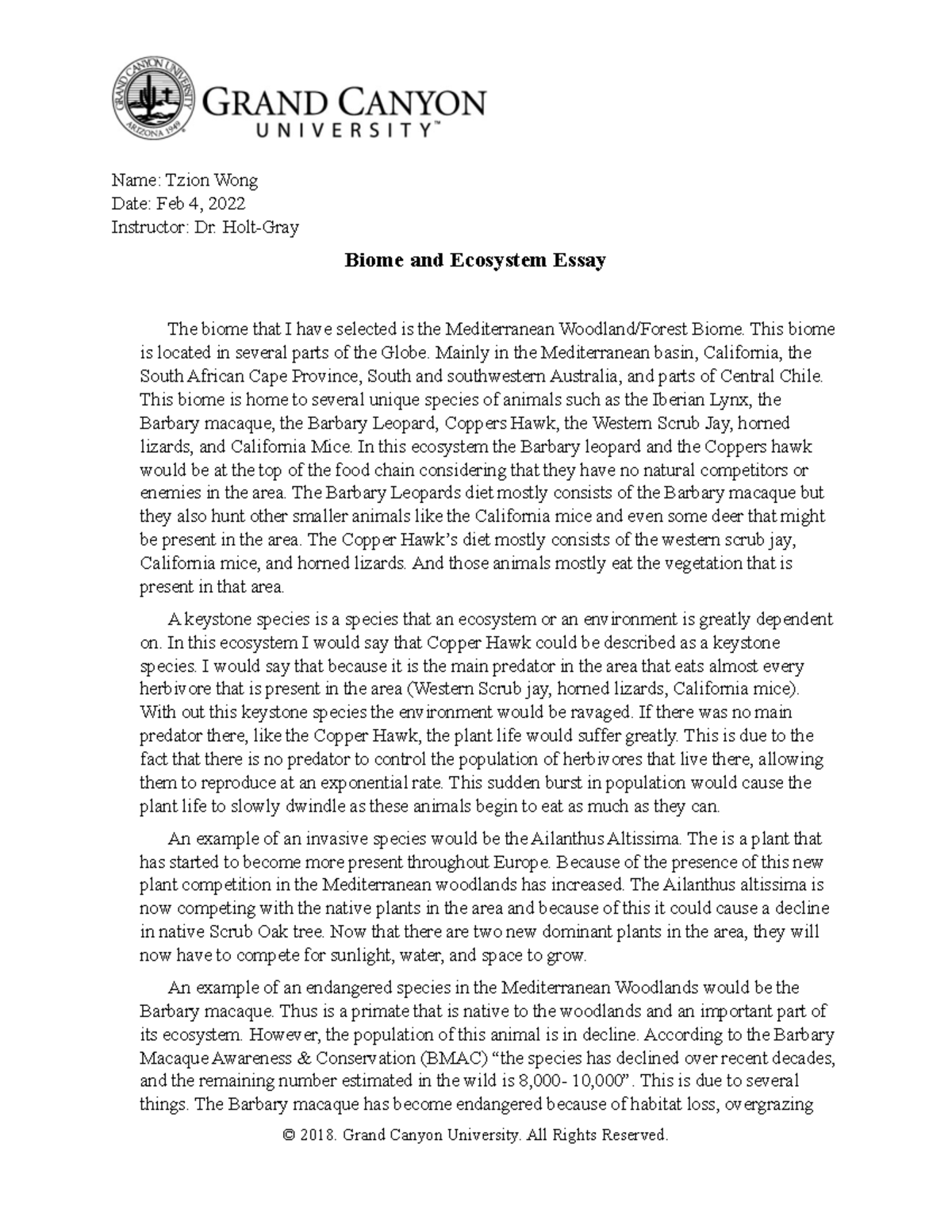 Biome and Ecosystem Essay - Name: Tzion Wong Date: Feb 4, 2022 ...