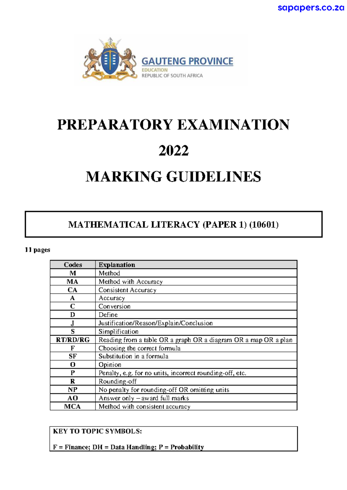 Mathematics Literacy P1 (English) 2022 Memo - PREPARATORY EXAMINATION ...
