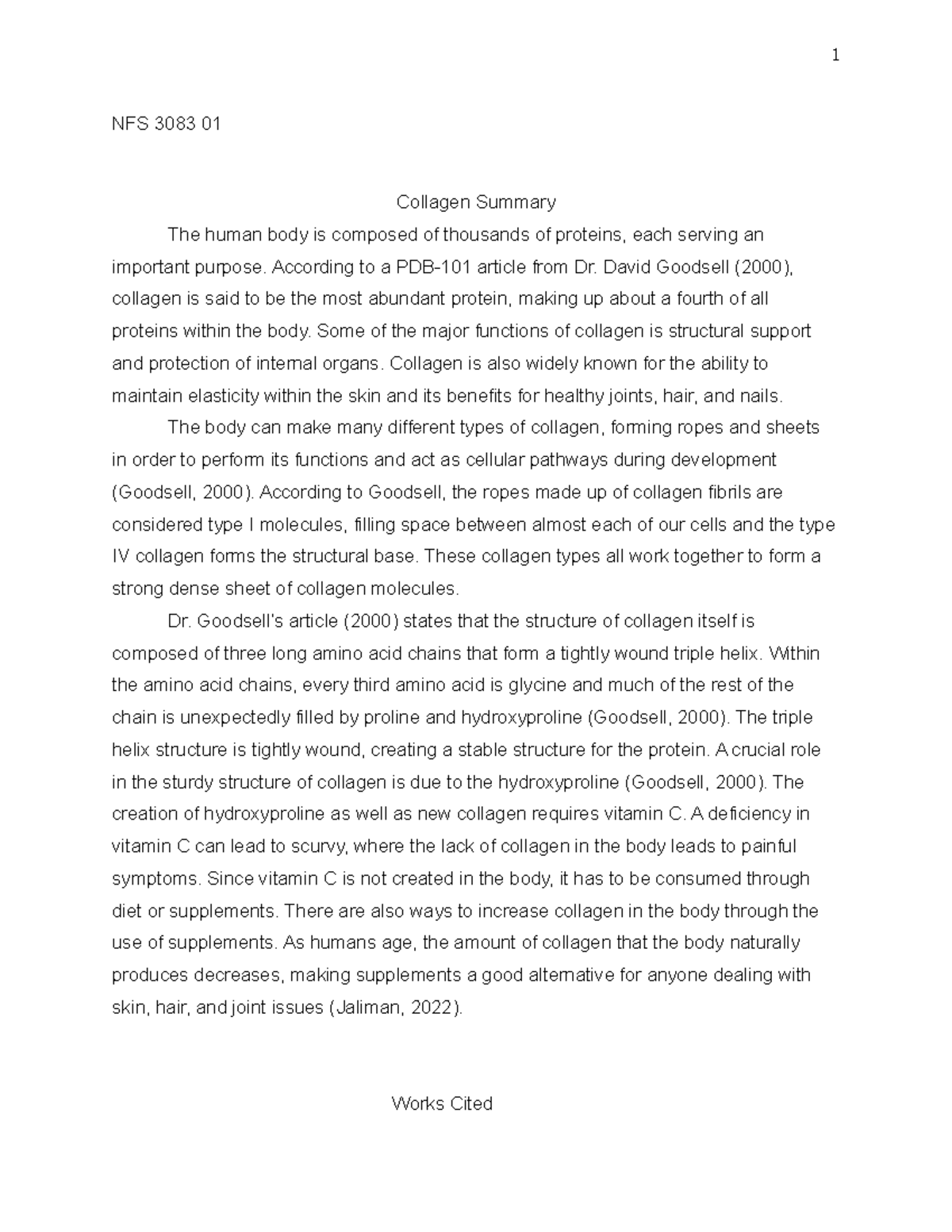 Collagen (bonus essay) - 1 NFS 3083 01 Collagen Summary The human body ...