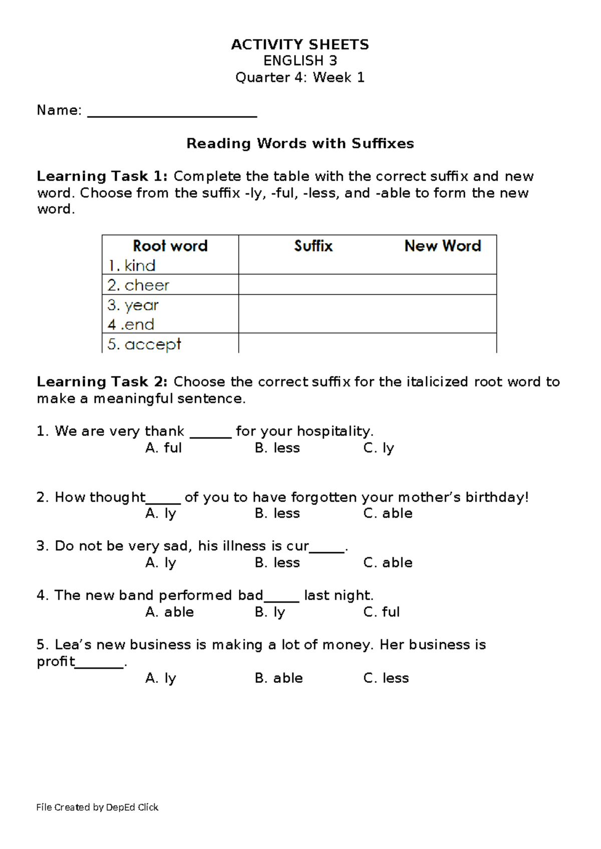 English 3 Activity Sheet Q4 W1 - ACTIVITY SHEETS ENGLISH 3 Quarter 4 ...