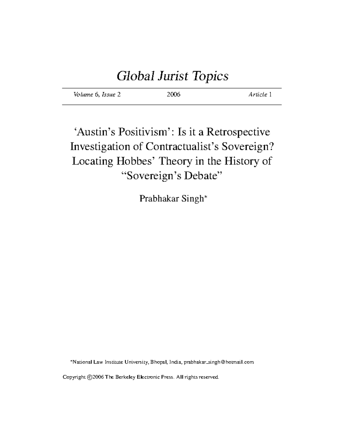 Austin s Positivism - Global Jurist Topics Volume 6, Issue 2 2006 ...