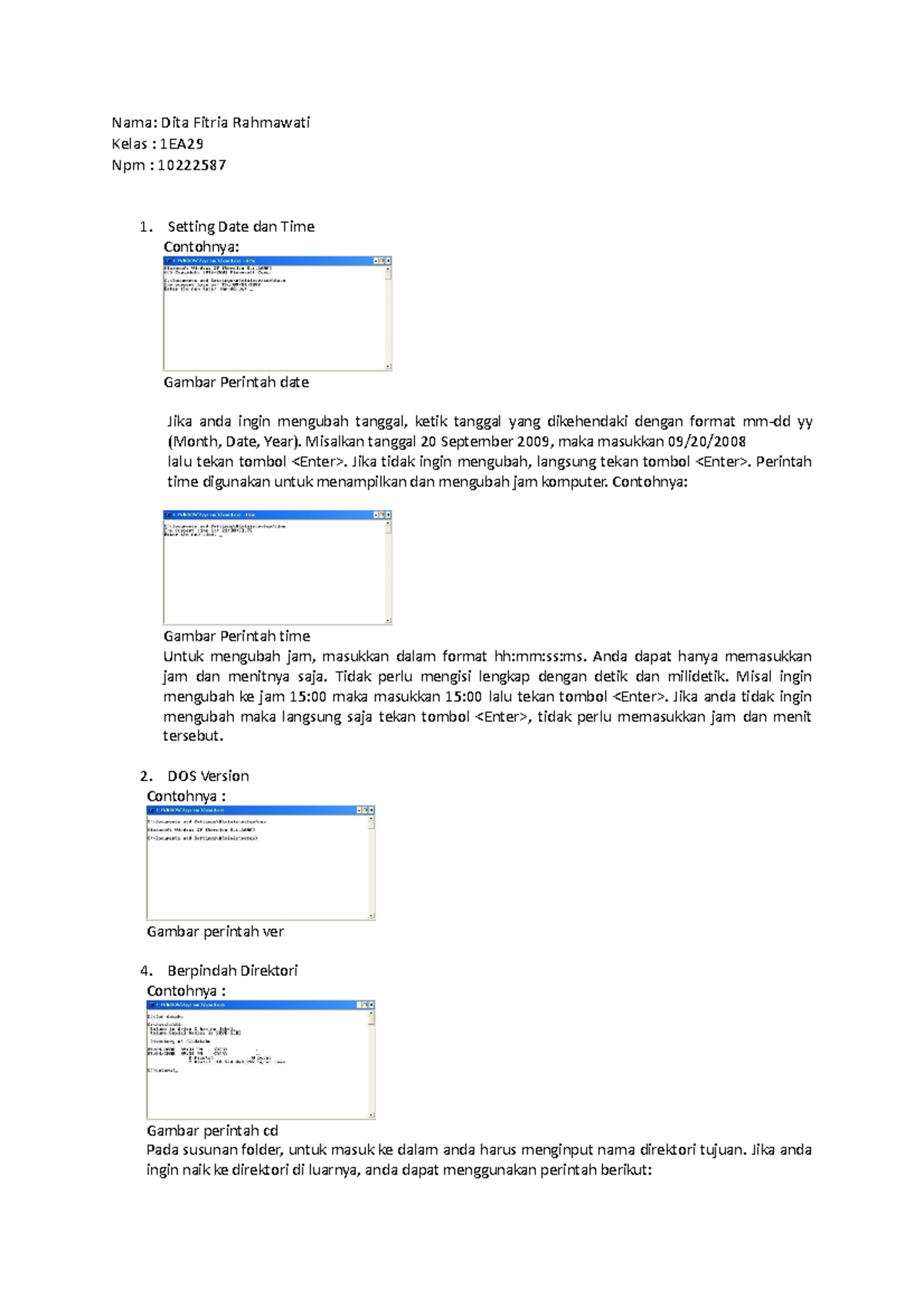 Contoh perintah perintah Dos - Nama: Dita Fitria Rahmawati Kelas : 1EA ...