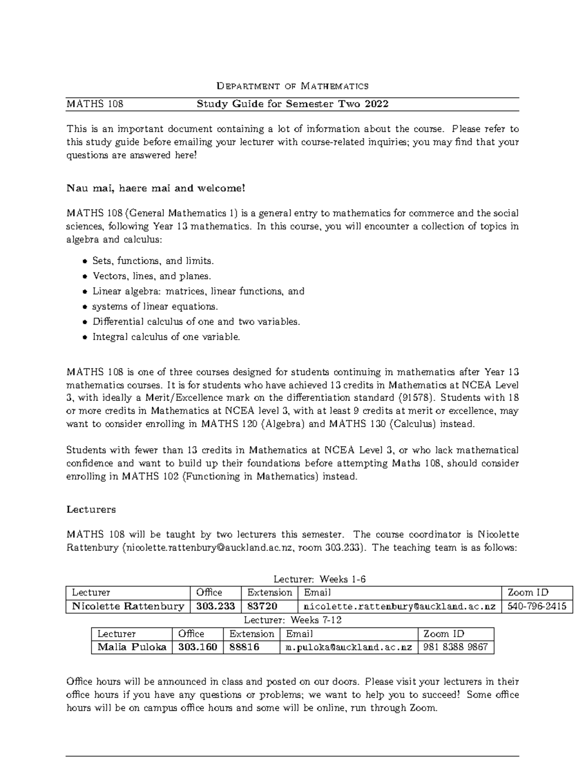 MATHS 108 Study Guide (Course Outline) S2 2022 - Department of ...
