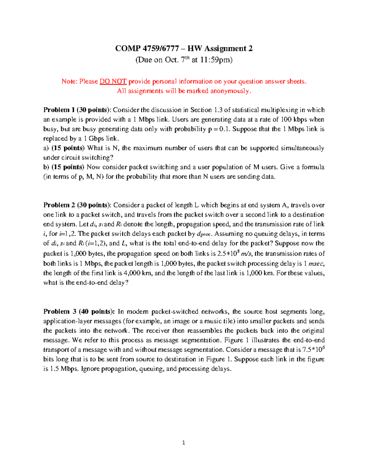 HW Assignment 2 - Problem set to practice. - 1 COMP 4759/6777 – HW Assignment 2 (Due on Oct. 7th ...