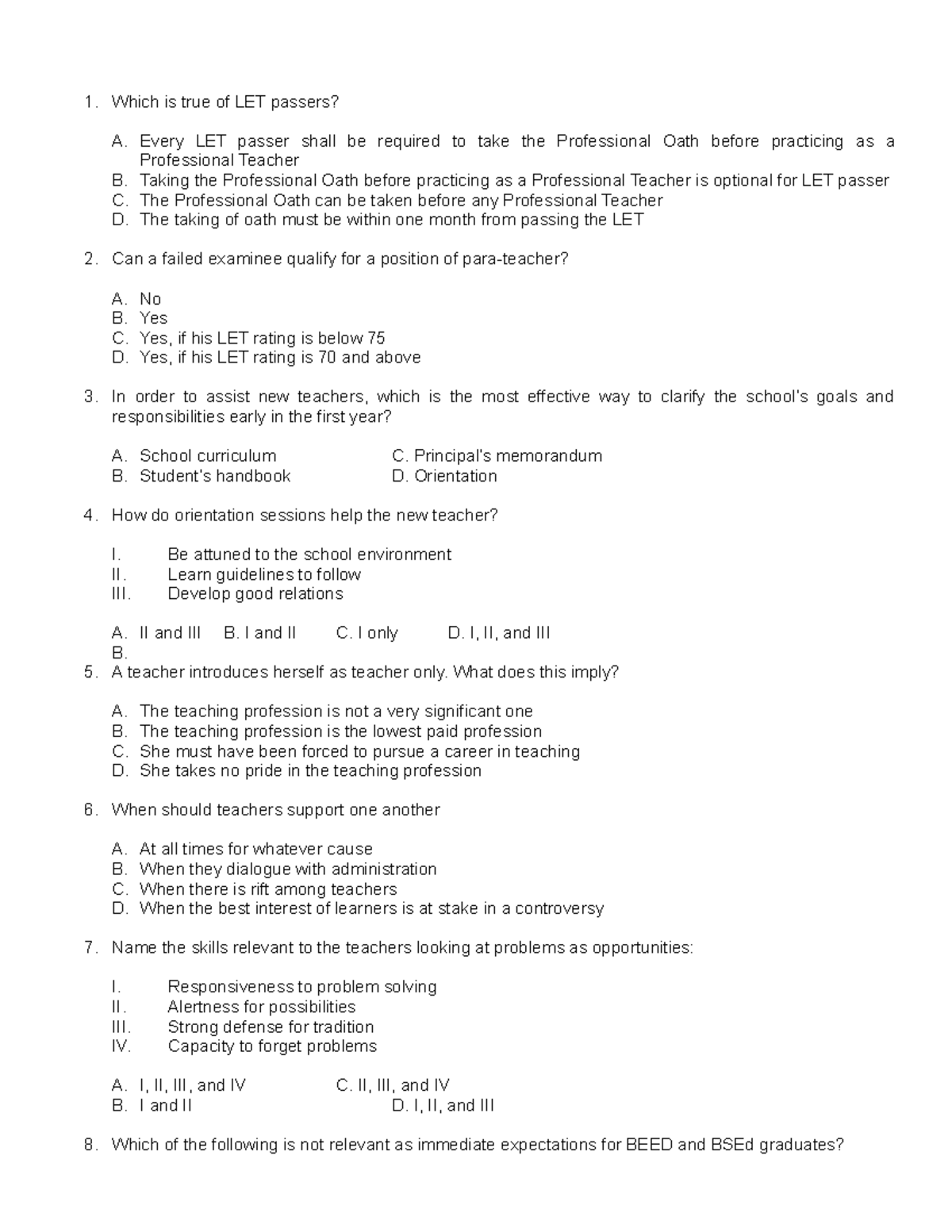 Profed Final Coaching - LPT - Which is true of LET passers? A. Every ...