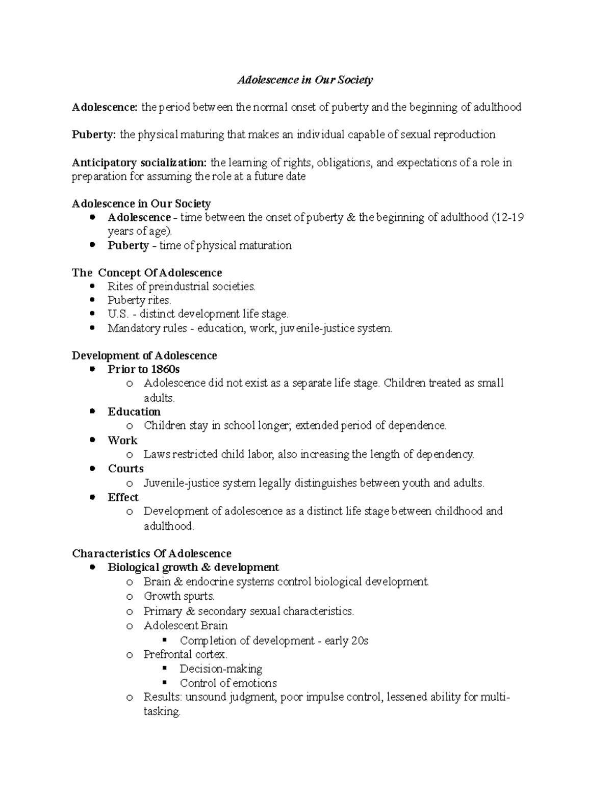 Sociology [ Asolescence ] - Adolescence in Our Society Adolescence: the ...
