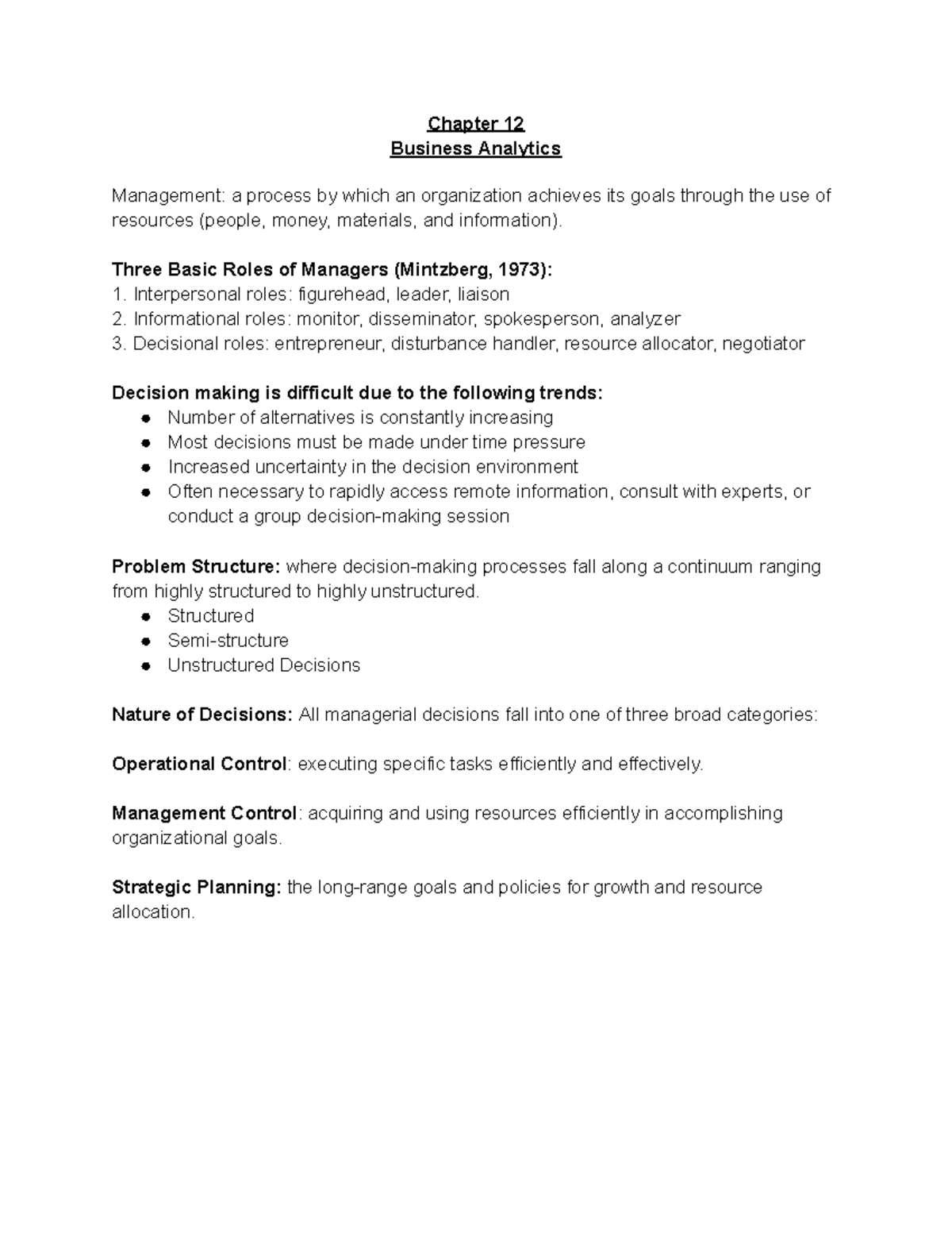 exam review notes - Chapter 12 Business Analytics Management: a process ...
