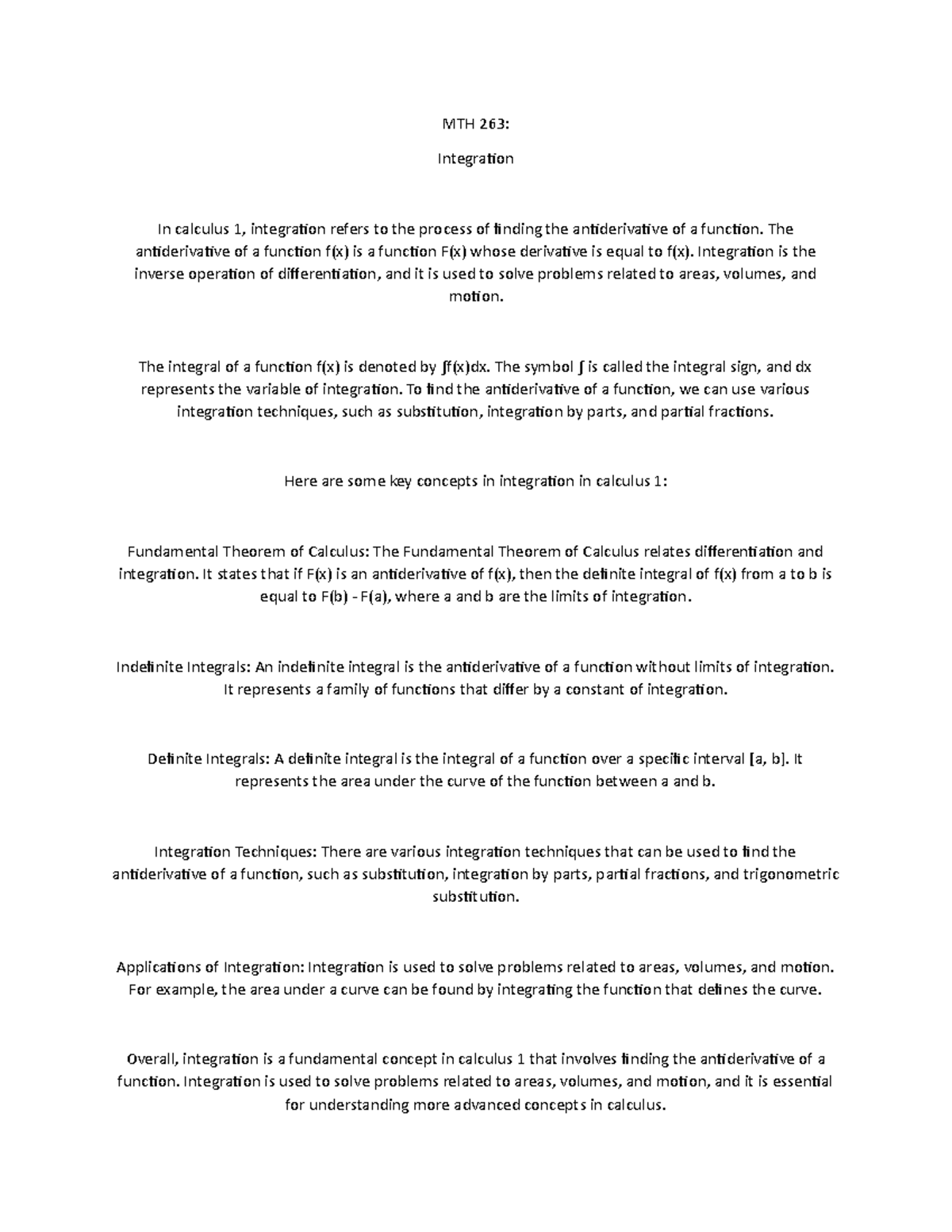 MTH 263 - integration - lecture notes - IntegrationMTH 263 ... MTH 263 - integration - lecture notes - IntegrationMTH 263 ...