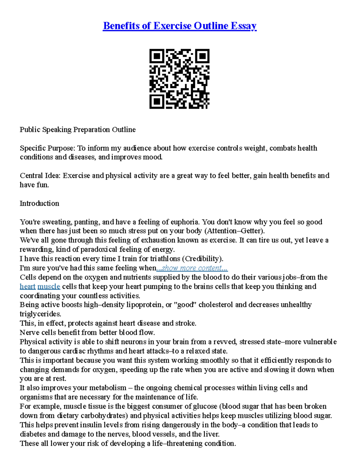 Outline Example For Essay - Benefits of Exercise Outline Essay Public ...