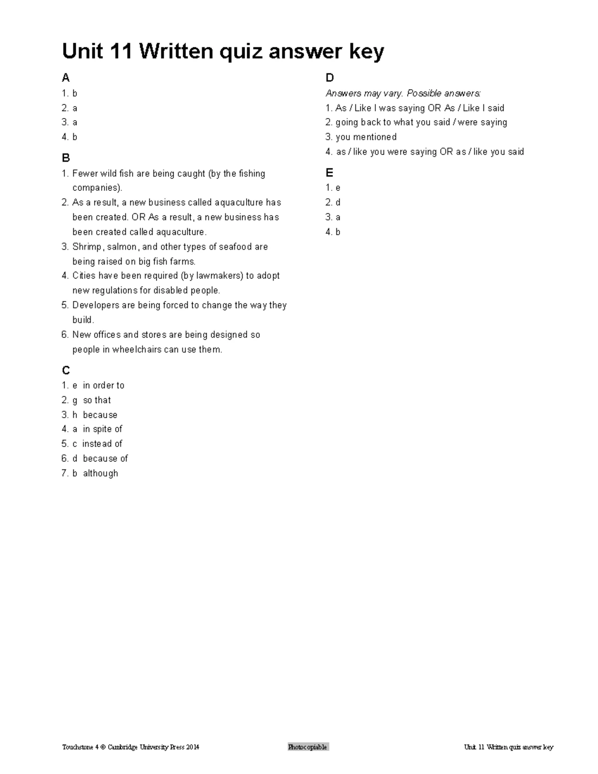 Course 2 UNIT 6 Written QUIZ Answer KEY - Touchstone 1 © Cambridge ...