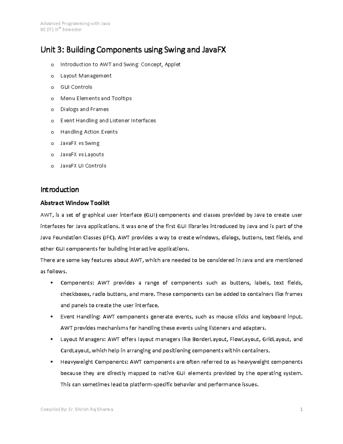 Unit 3 Building Components Using Swing And Java Fx Be It Iiird Semester Unit 3 Building 