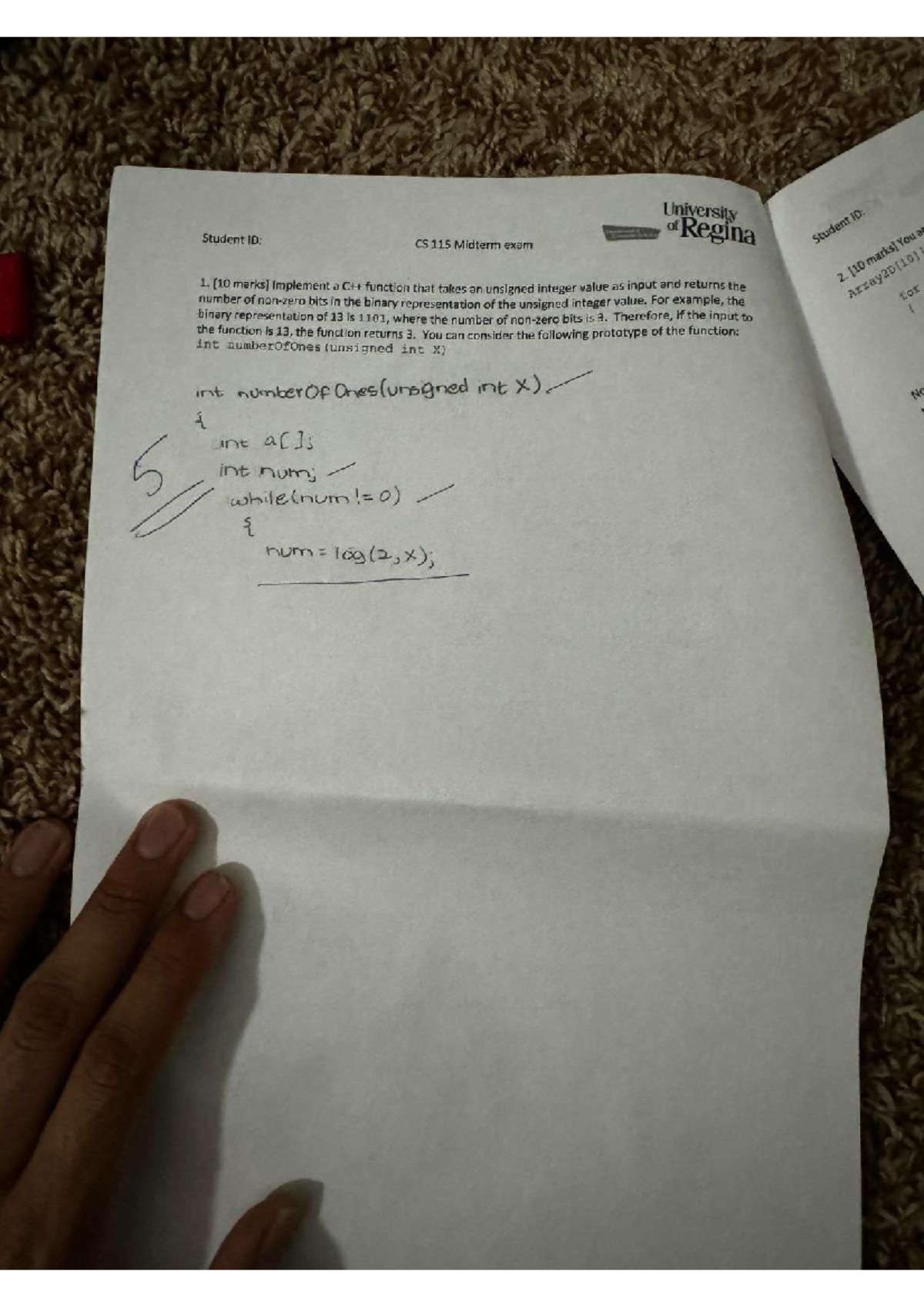 S S 2024 CS115 Midterm - University Student ID: CS 115 Midterm exam of Regina Studentic 2. 110 ...