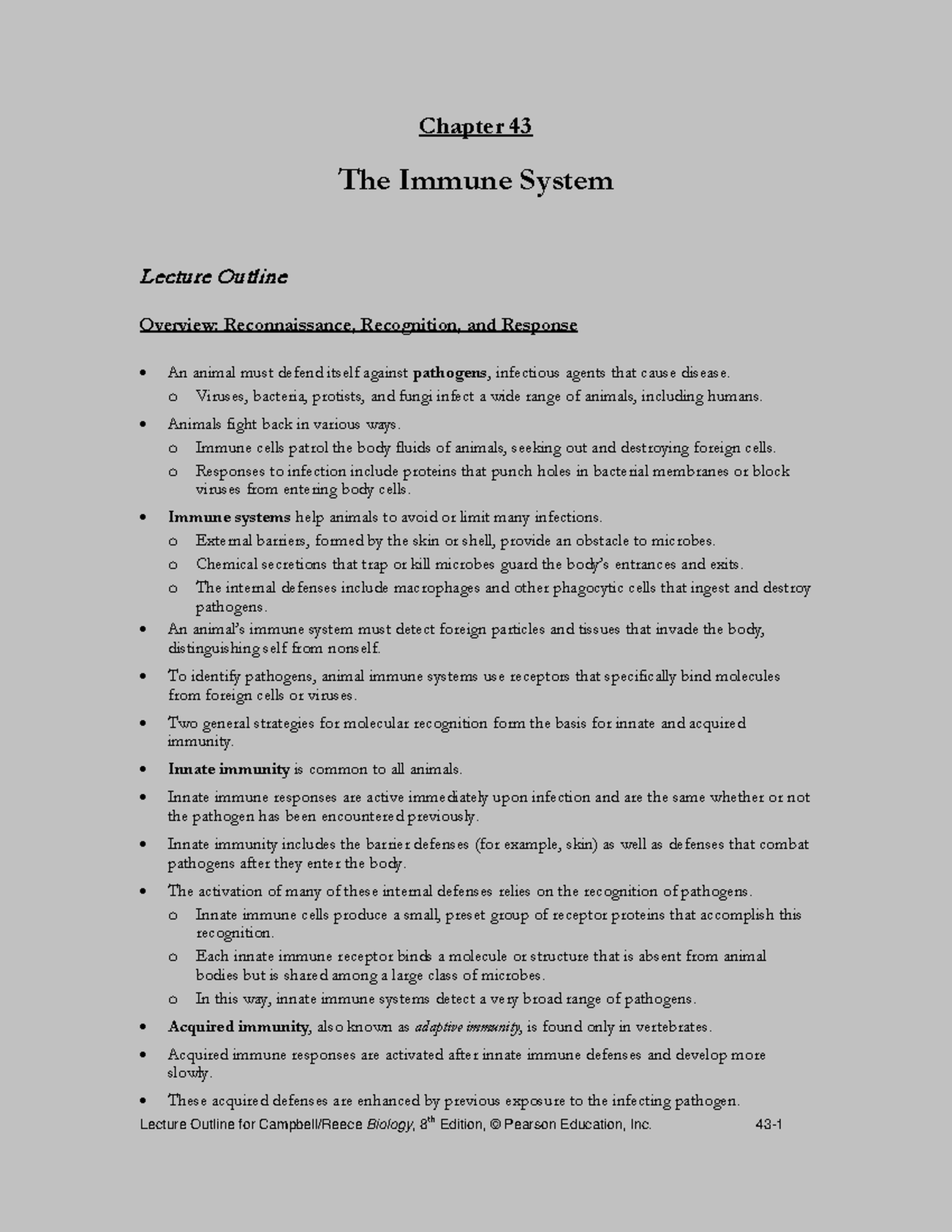 43 Detail Lect Out - Lecture notes 43 - Chapter 43 The Immune System ...