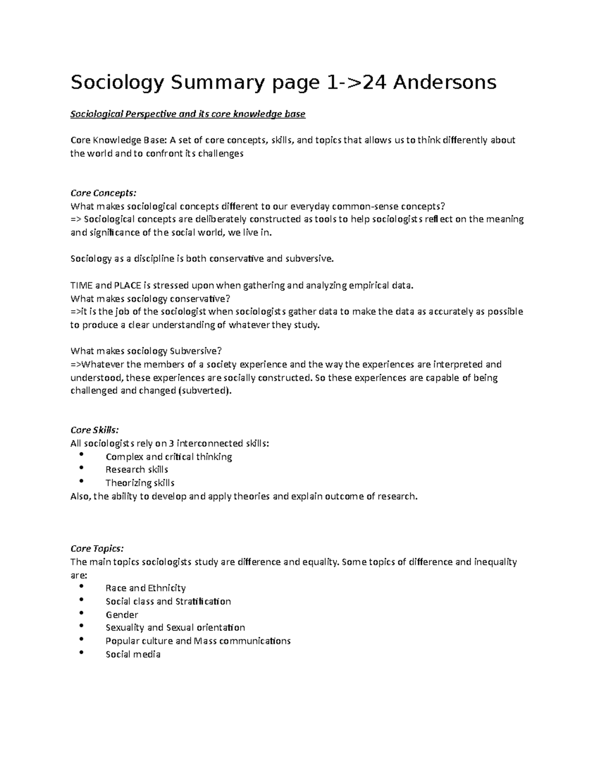 Sociology Summary pages 1->24 - Sociology Summary page 1->24 Andersons ...