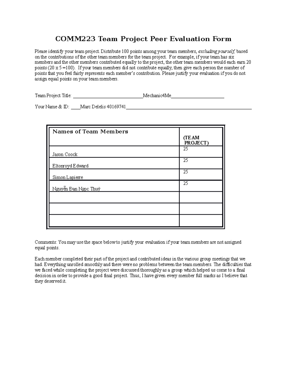 Team Project Peer Evaluation Form - COMM 223 - Concordia - Studocu